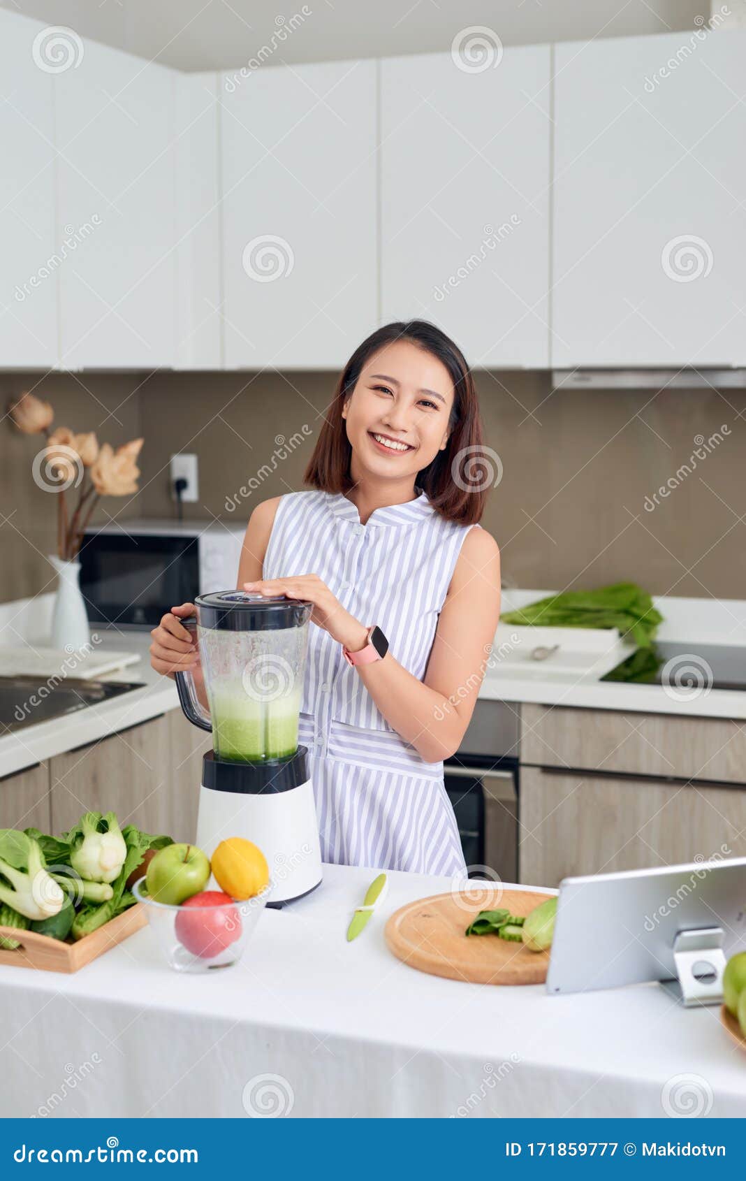Healthy Asian Woman Enjoy Making Green Vegetables Detox Cleanse And