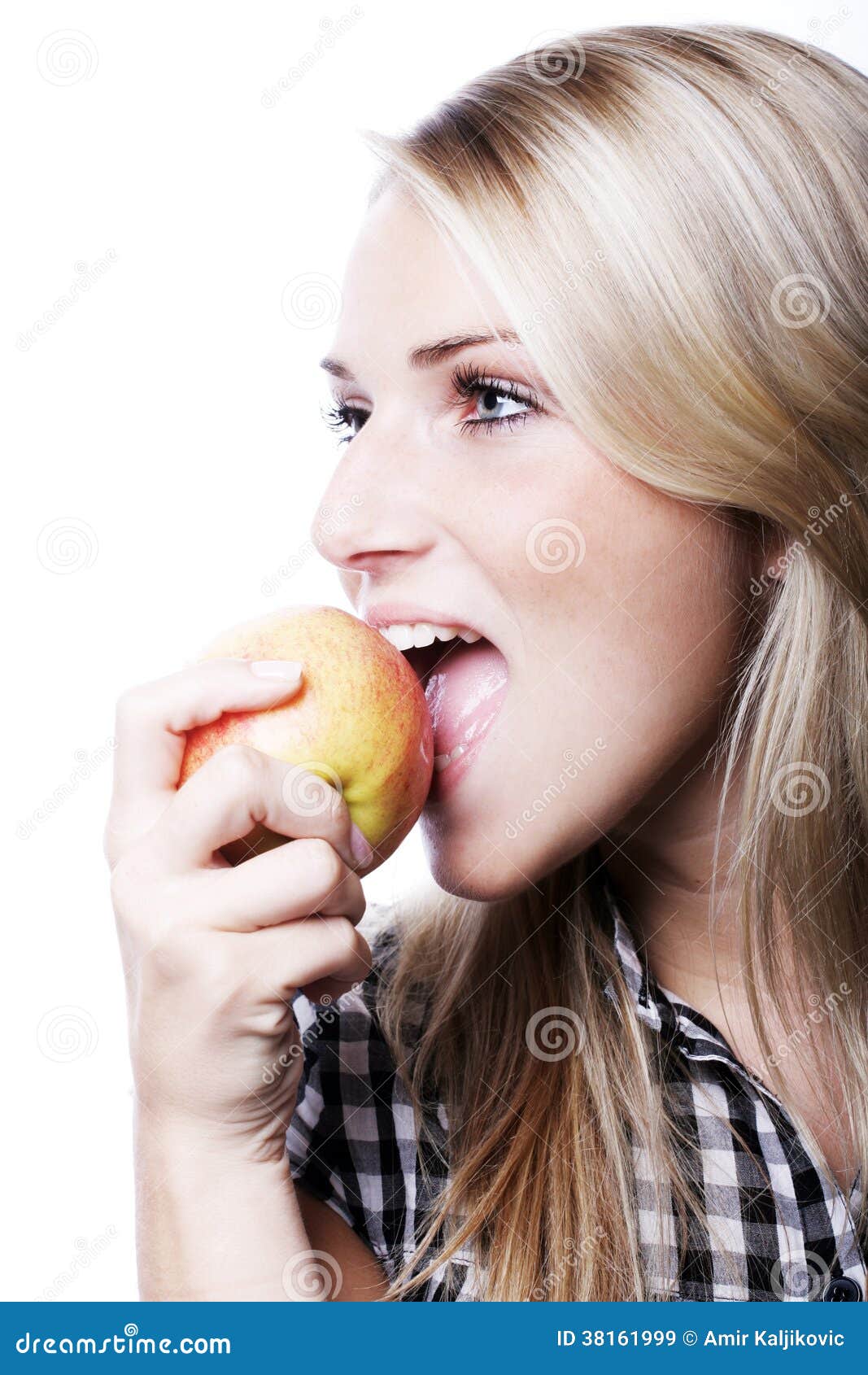 Healthy Beautiful Woman Biting into an Apple Stock Image - Image of ...