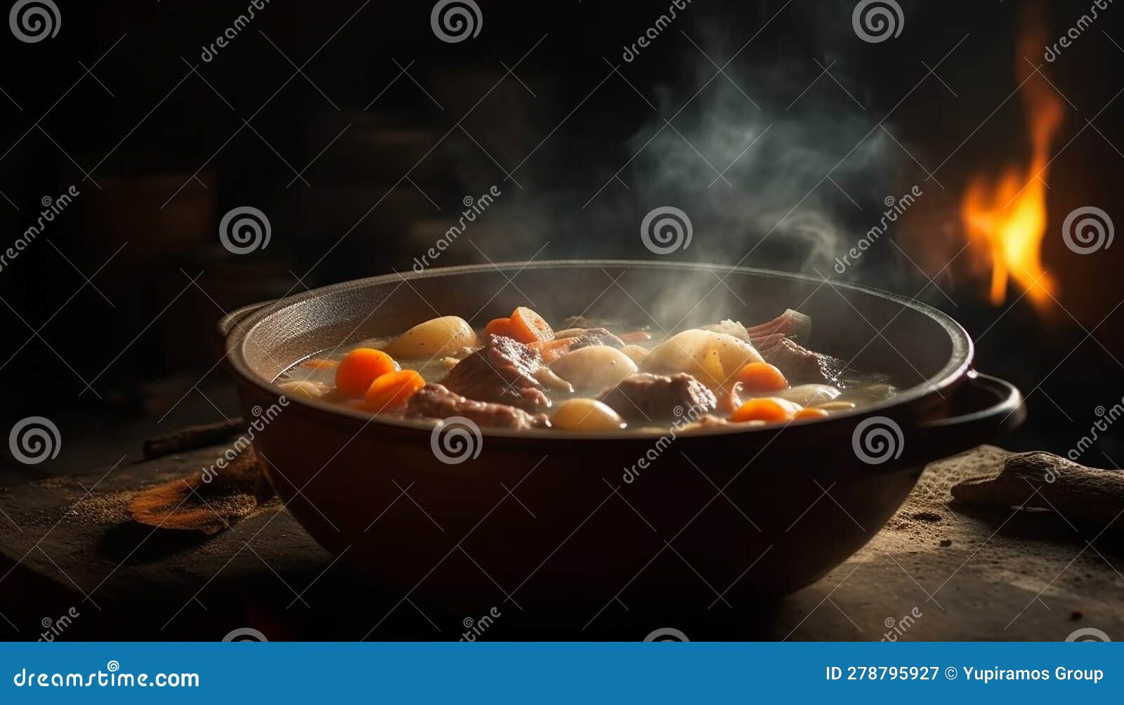 Healthy Beef Stew Cooked in Cast Iron Cauldron Over Fire Generated by ...