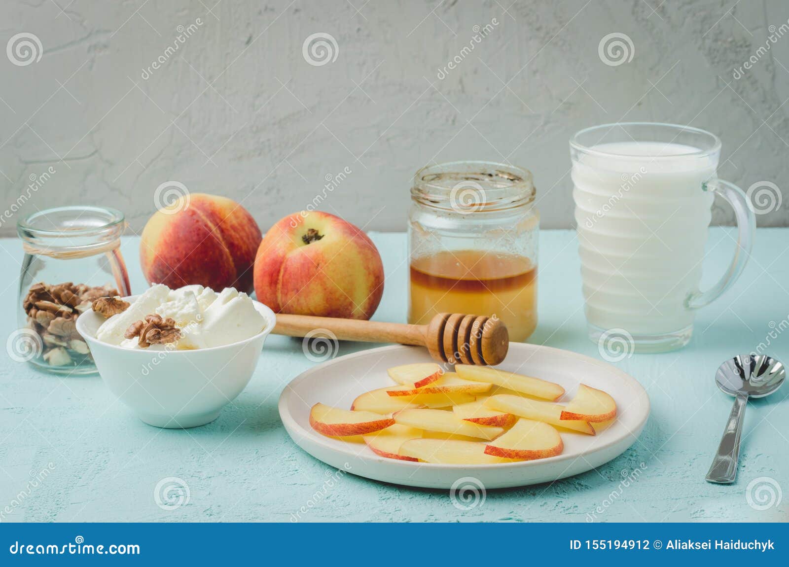 Healthy Breakfast Background. Peach, Honey, Milk, Cottage Cheese and ...