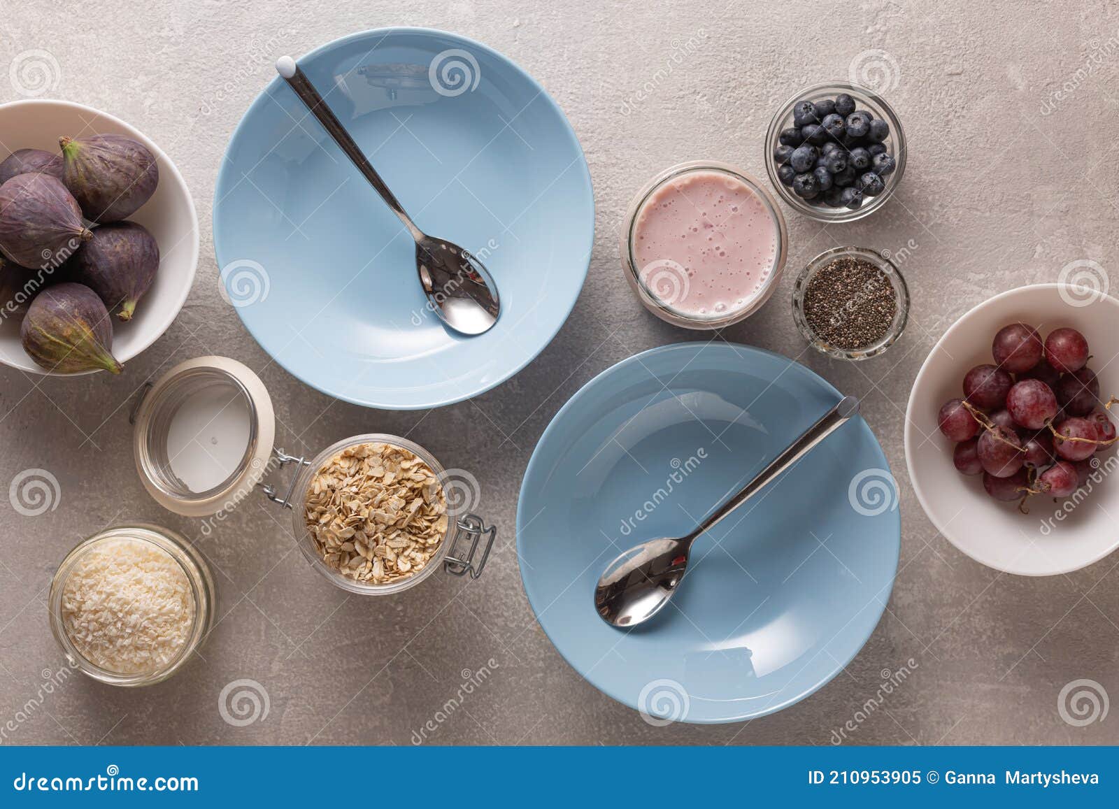 Healthy Breakfast on Blue Plates, Top View Stock Image - Image of bowl ...