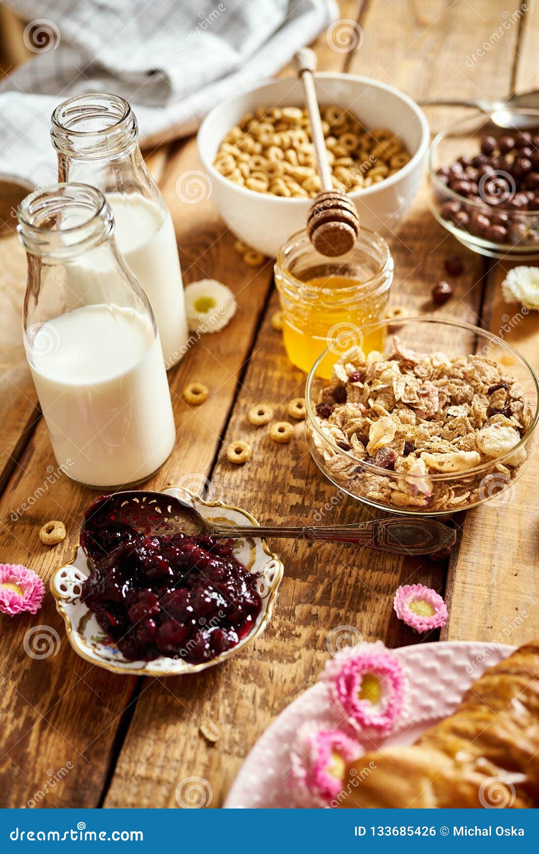 Healthy Breakfast with Different Types of Breakfast Cereal with Honey ...
