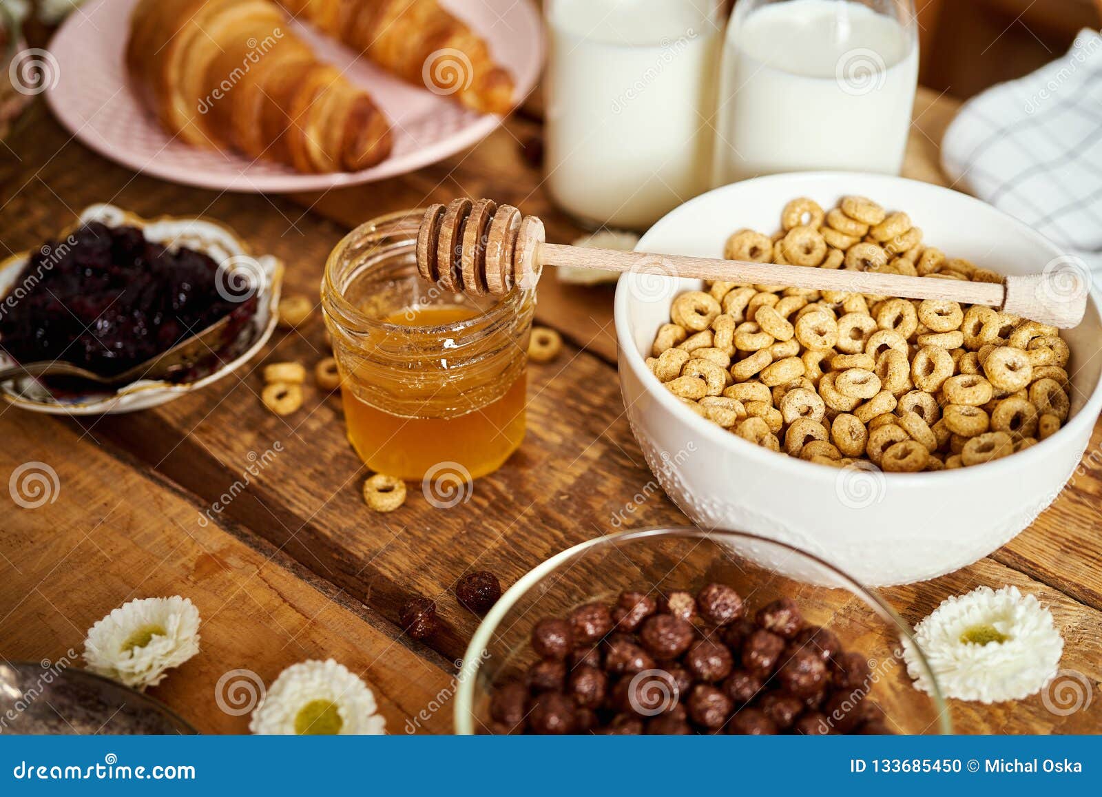 Healthy Breakfast with Different Types of Breakfast Cereal with Honey ...