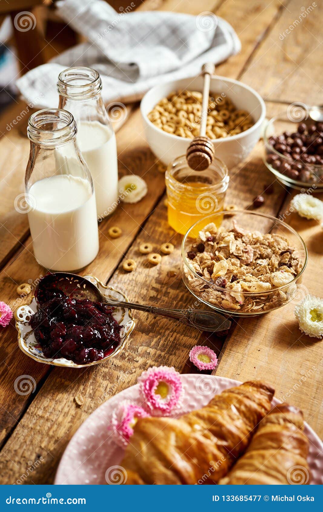 Healthy Breakfast with Different Types of Breakfast Cereal with Honey ...