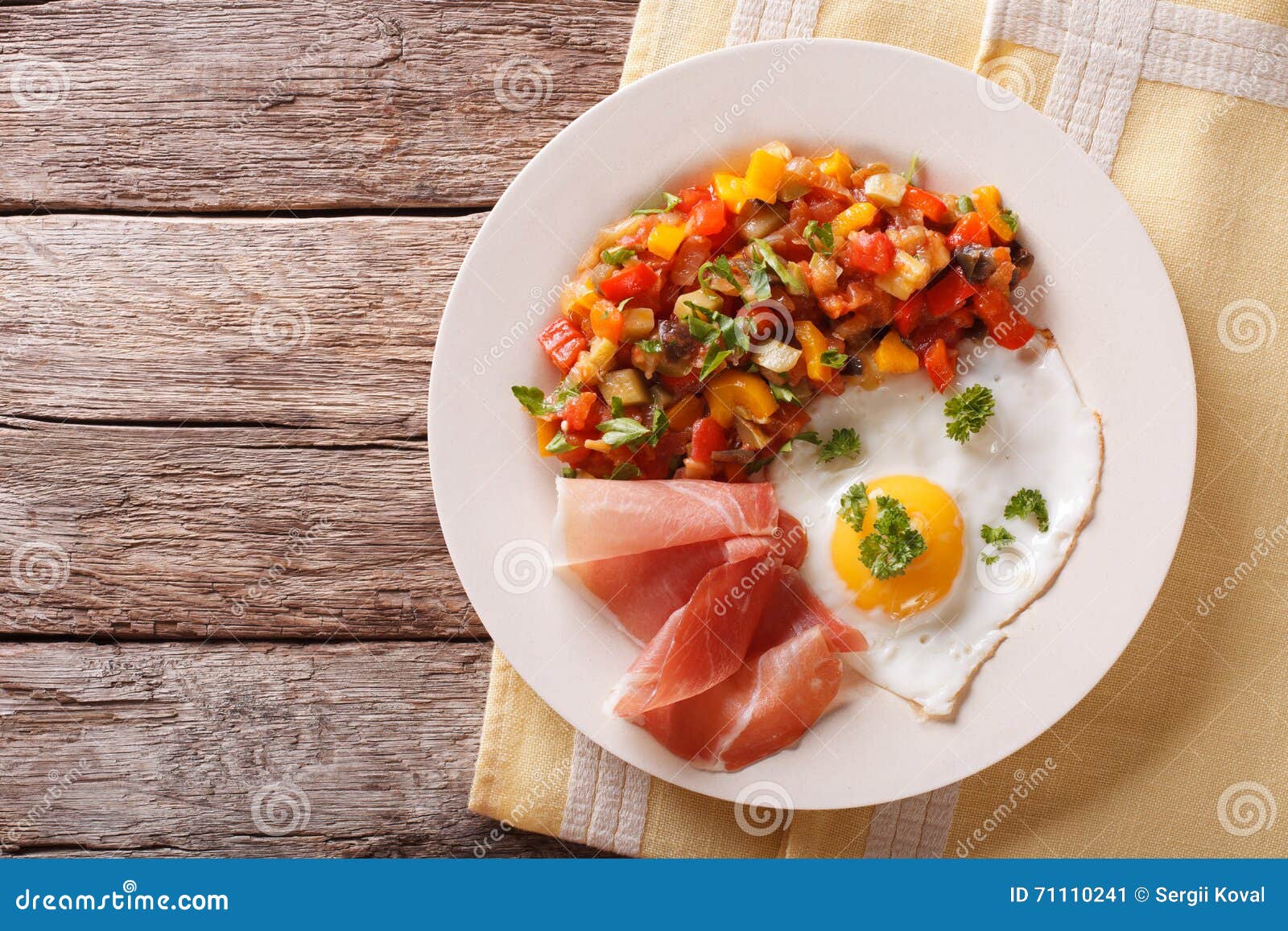 Healthy Breakfast: Fried Egg, Jamon and Vegetable Stew Close-up ...