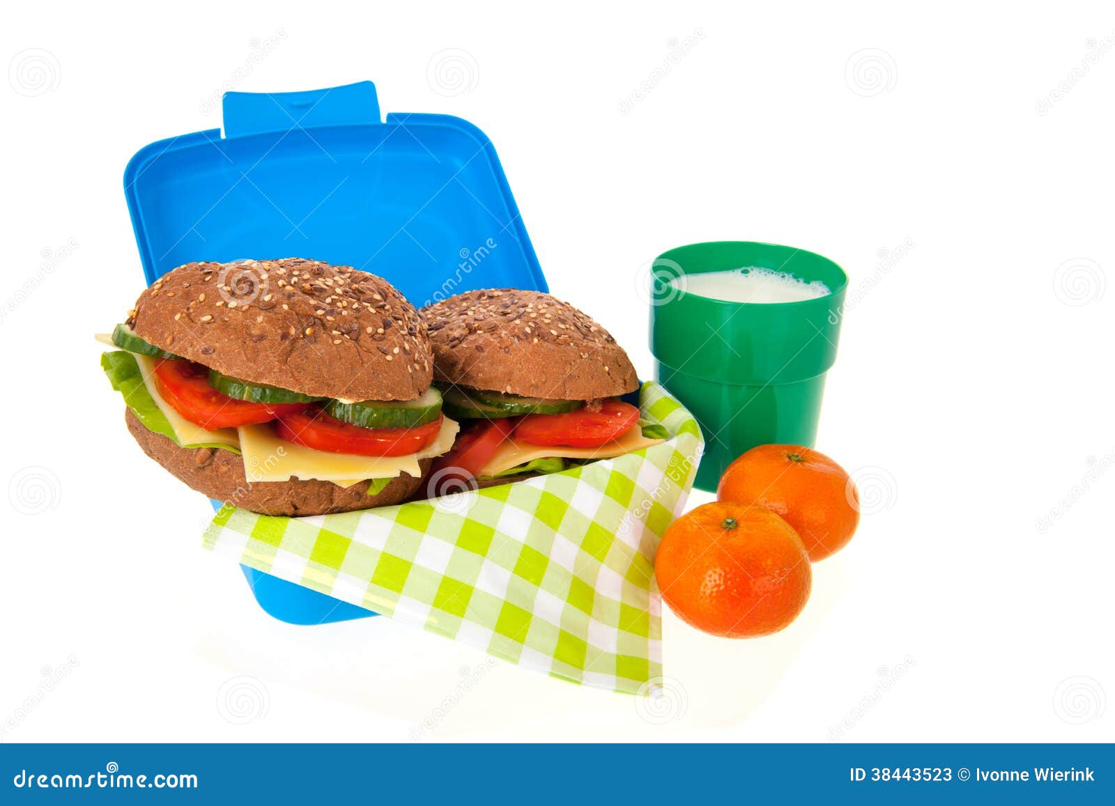 Healthy Brown Bread Roll in Blue Lunch Box with Fruit and Milk Stock ...