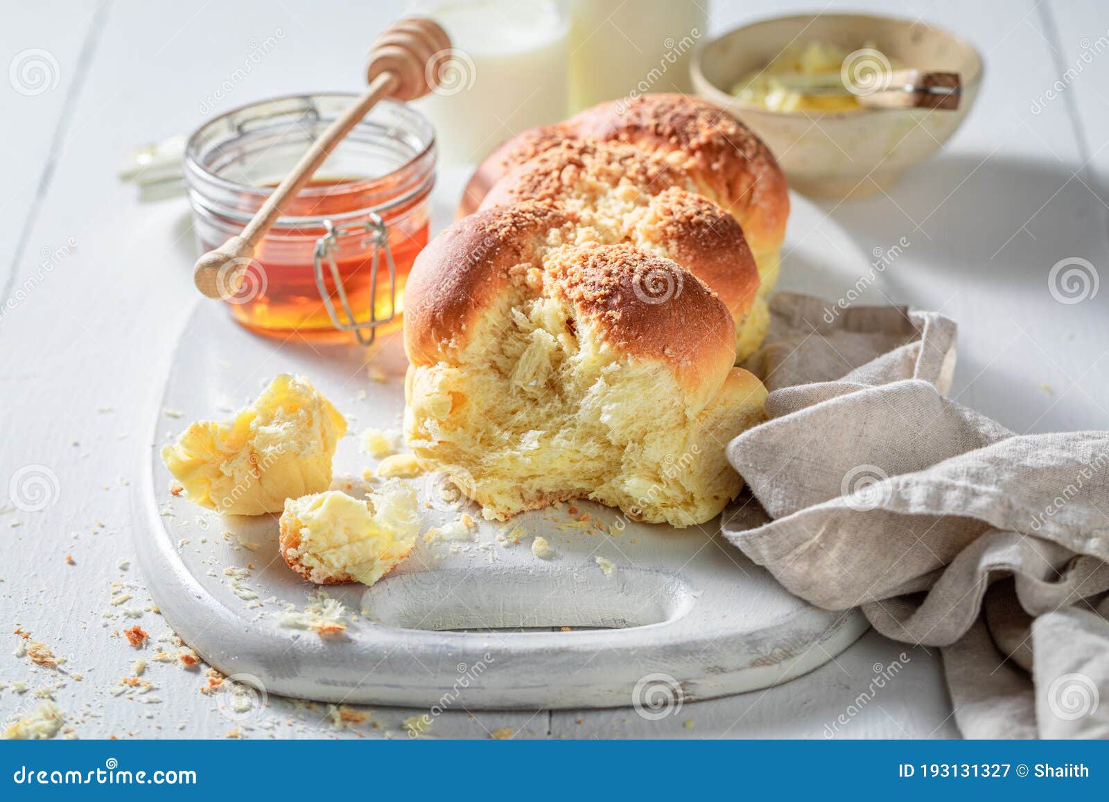 Healthy Challah with Honey and Milk in the Morning Stock Image - Image ...
