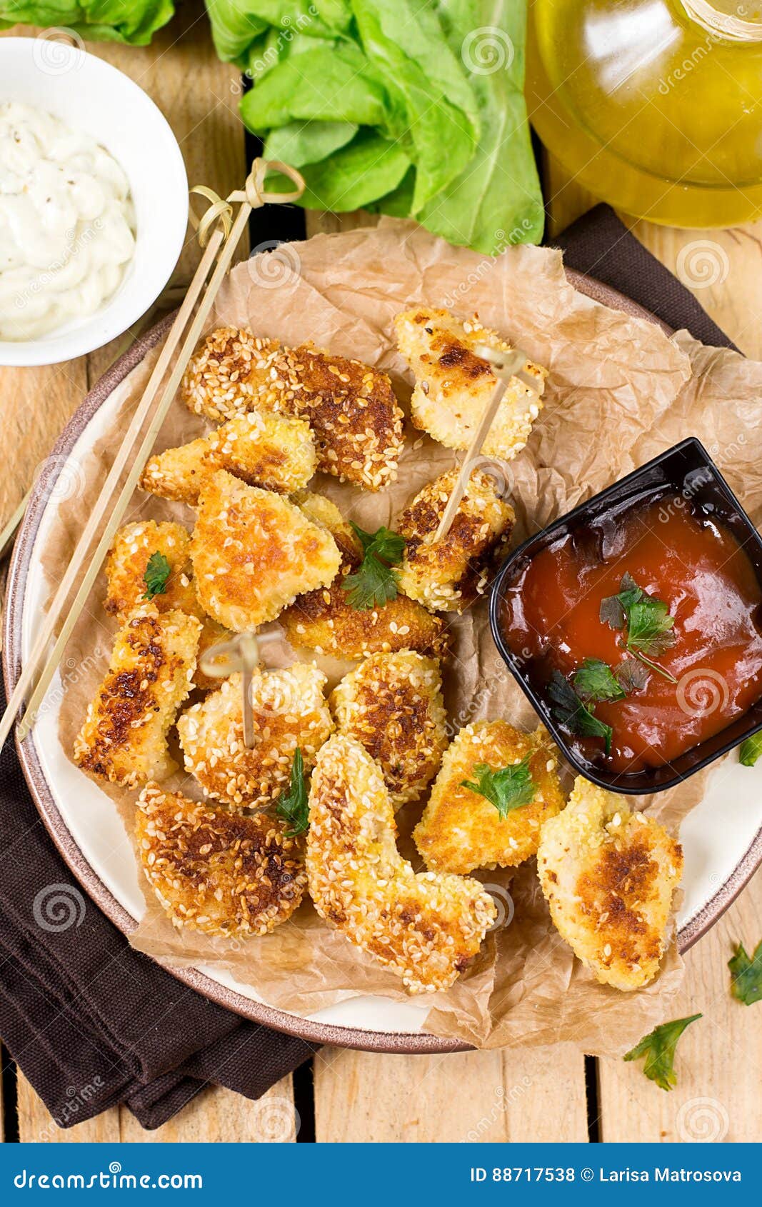 Healthy Chicken Nuggets with Sesame Seeds Stock Photo - Image of sauce ...