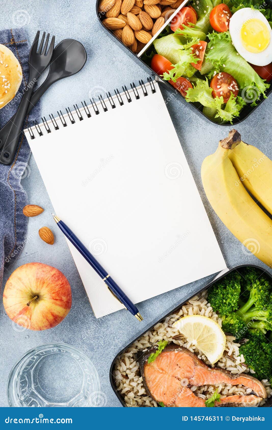 Healthy Diet Lunch Boxes with Food and Empty Notepad. Stock Image ...