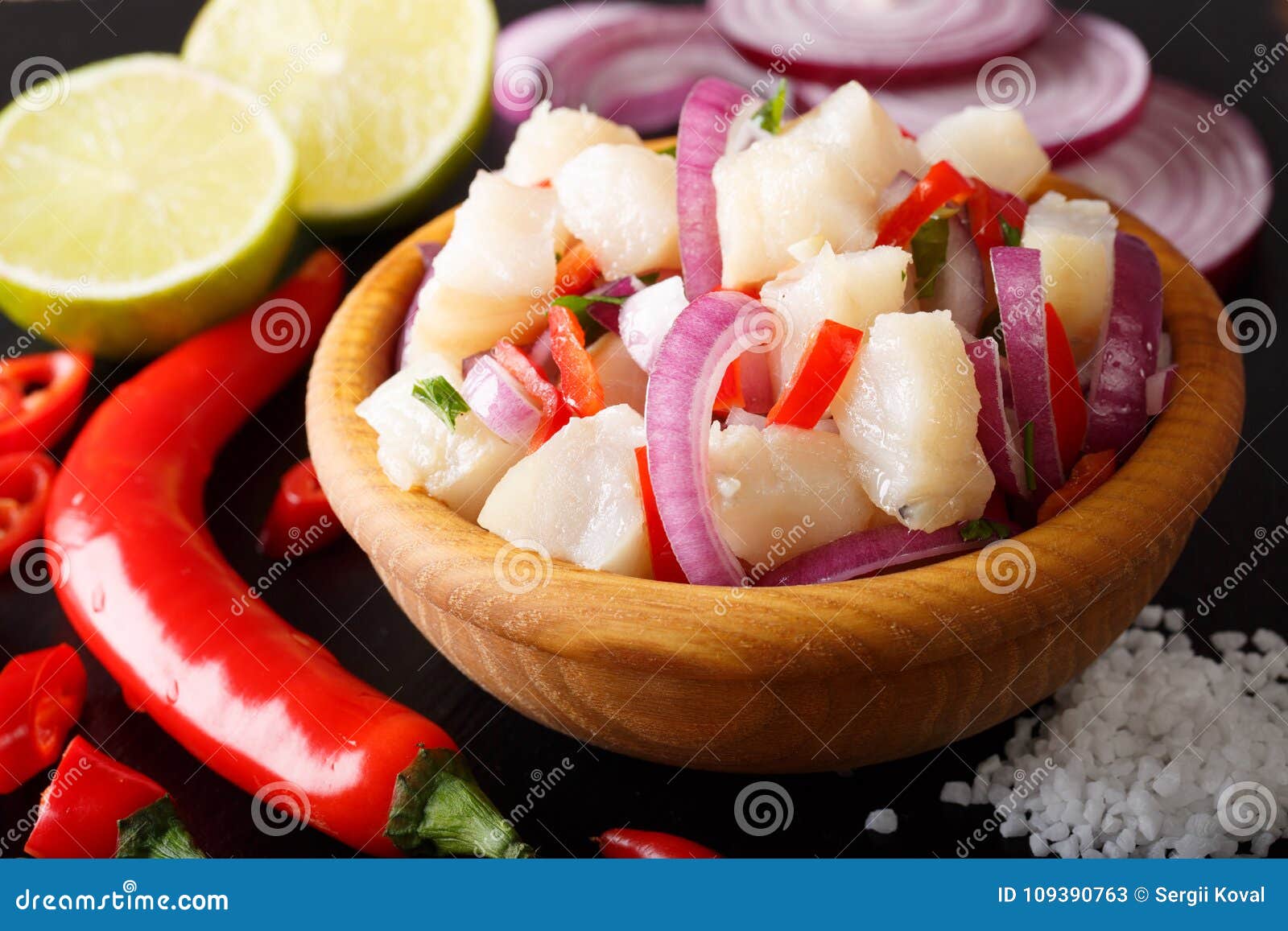Healthy Fish Ceviche of Cod with Onion and Pepper Close-up on a Stock ...