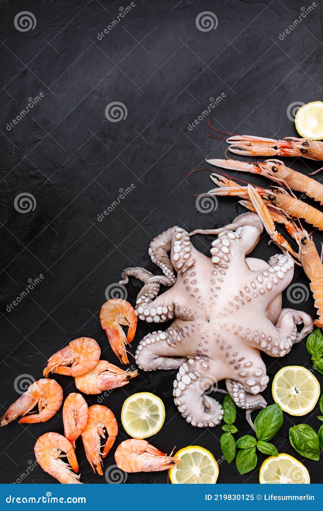 Healthy Fish and Seafood Assortment on Black Background. Top View Stock ...