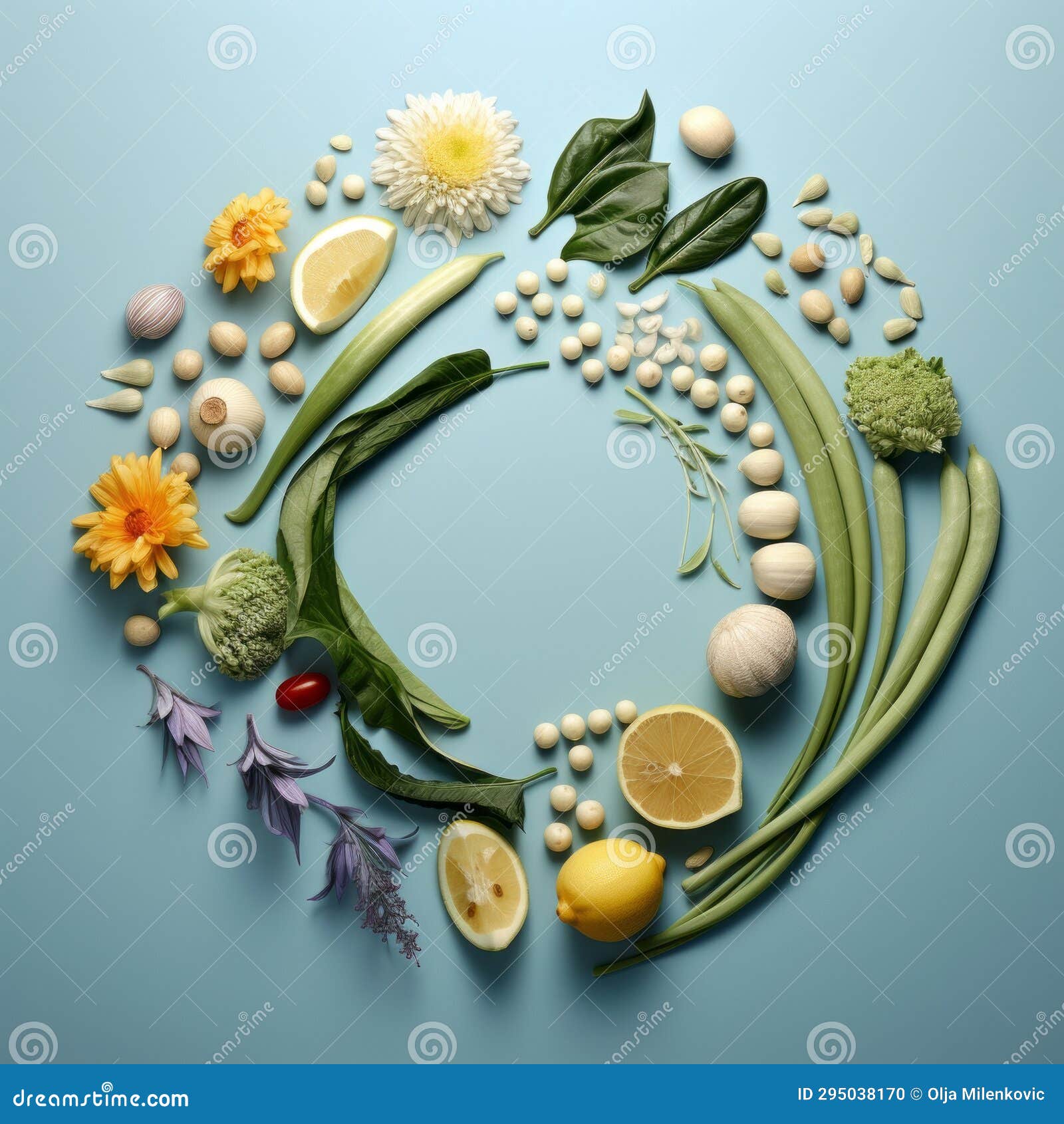 Healthy Food Concept. Vegetables, Herbs, Nuts and Spices on Blue ...