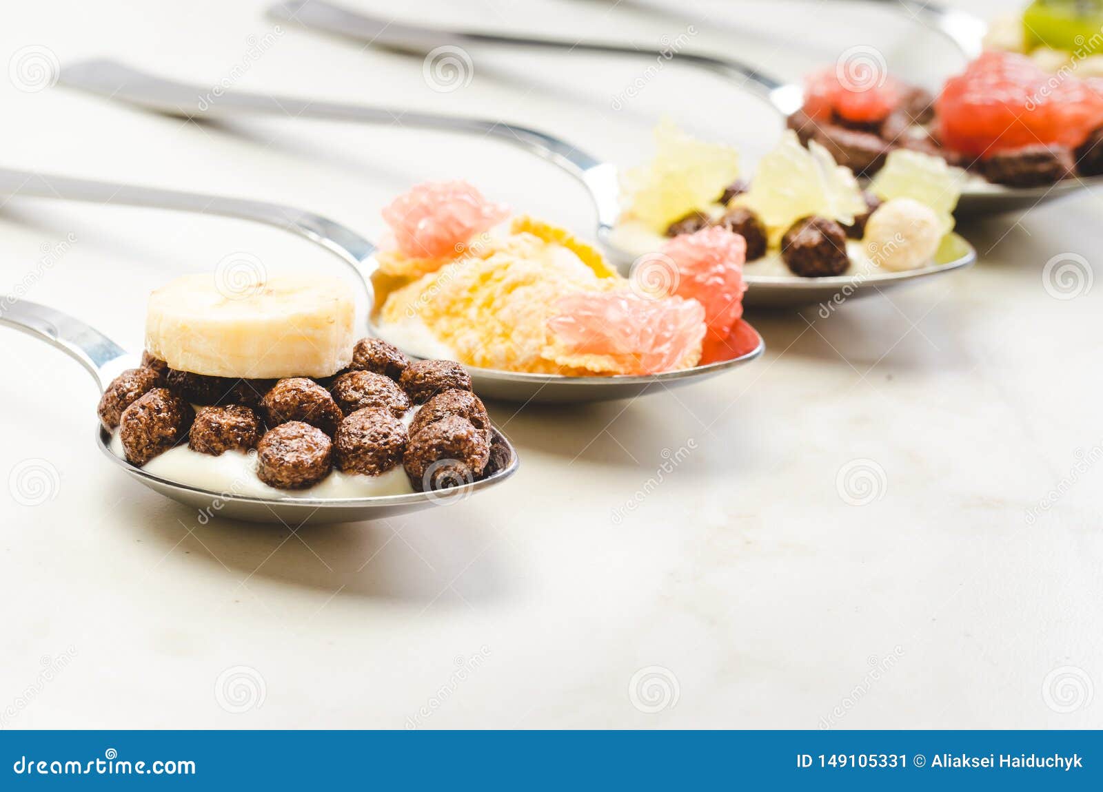 Healthy Food Concept. Yogurt, Flakes and Fruit in Spoons Stock Image ...