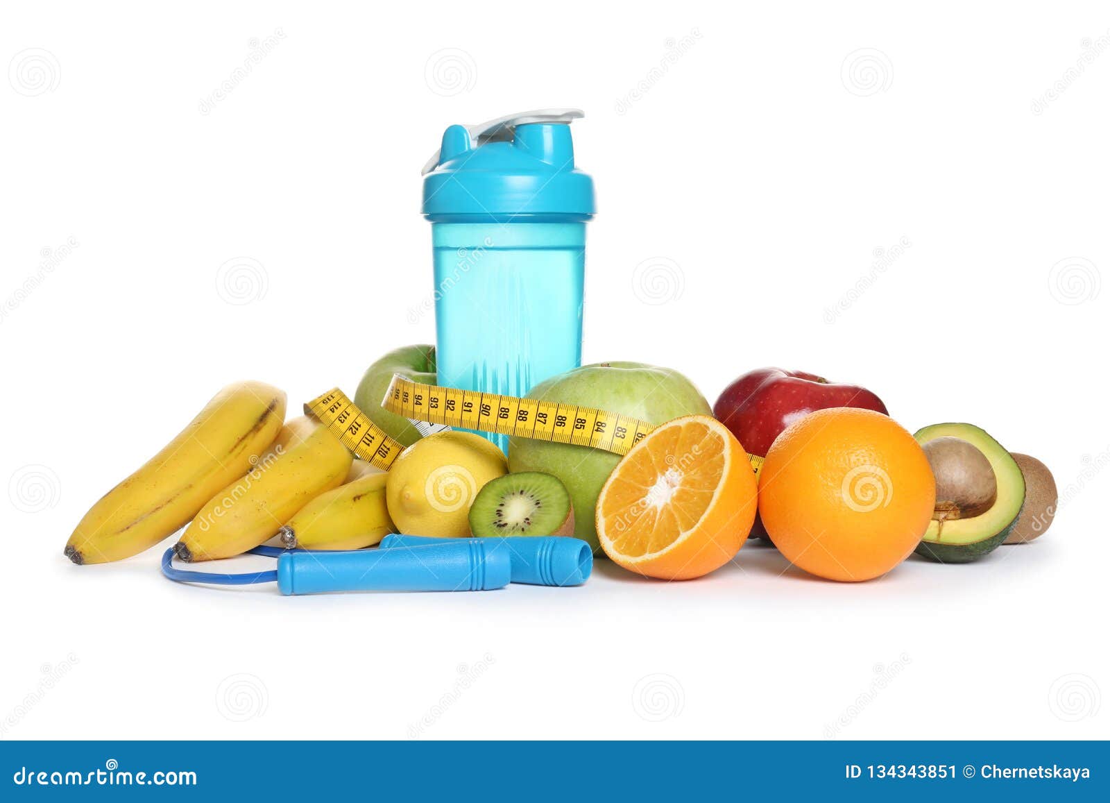Healthy Food, Measuring Tape and Skipping Rope on White Background ... Healthy Food, Measuring Tape and Skipping Rope on White Background ...