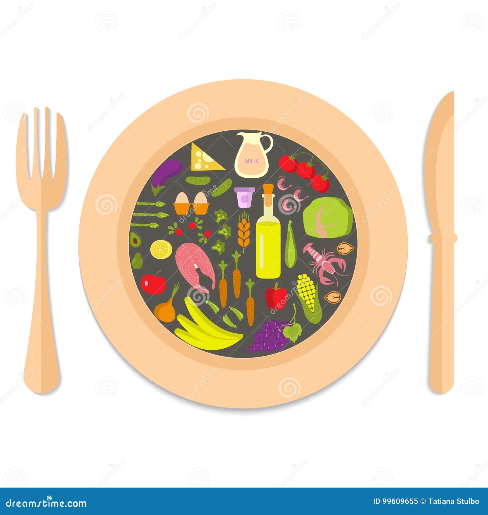 Healthy Food in plate stock vector. Illustration of fruit - 99609655