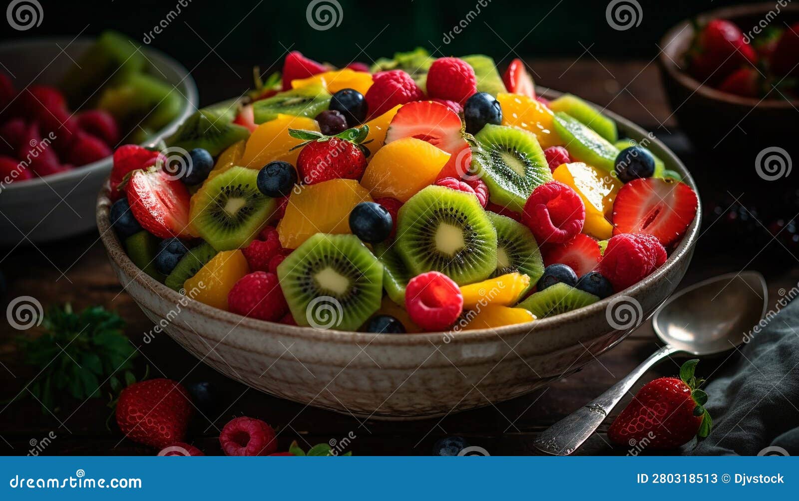 Healthy Gourmet Fruit Salad with Multi Colored Berries on Rustic Table ...