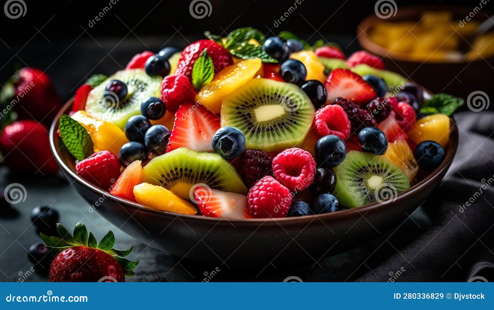 Healthy Gourmet Fruit Salad with Multi Colored Berries on Rustic Table ...