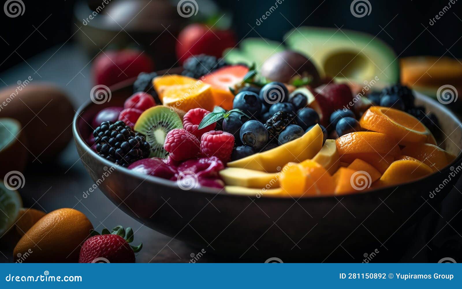 Healthy Gourmet Fruit Salad with Multi Colored Berries on Rustic Wood ...