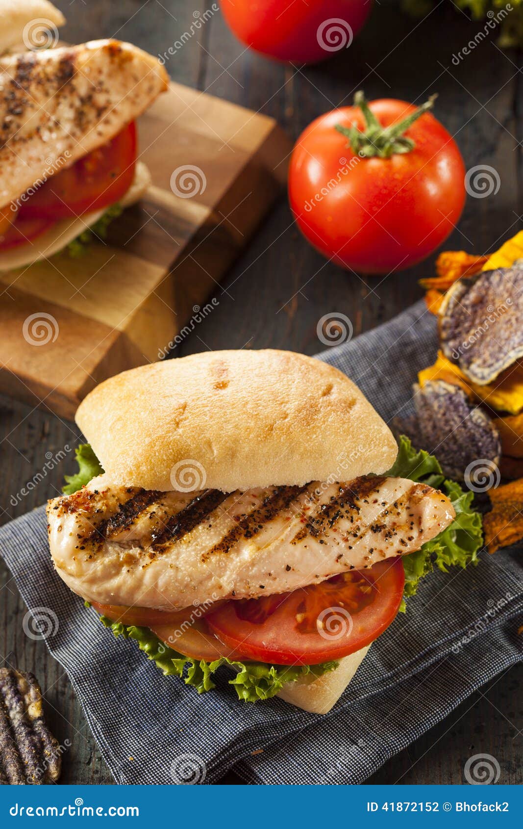 Healthy Grilled Chicken Sandwich Stock Photo - Image of tomato, green ...