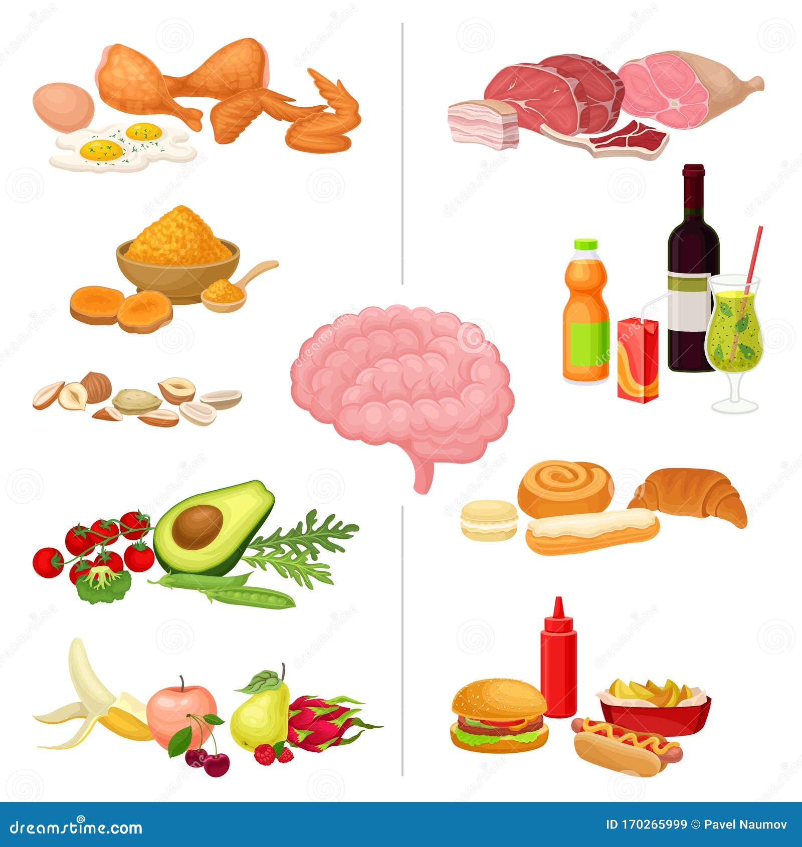 Healthy and Harmful Food for Brain Vector Set. Nutrition for Good and ...