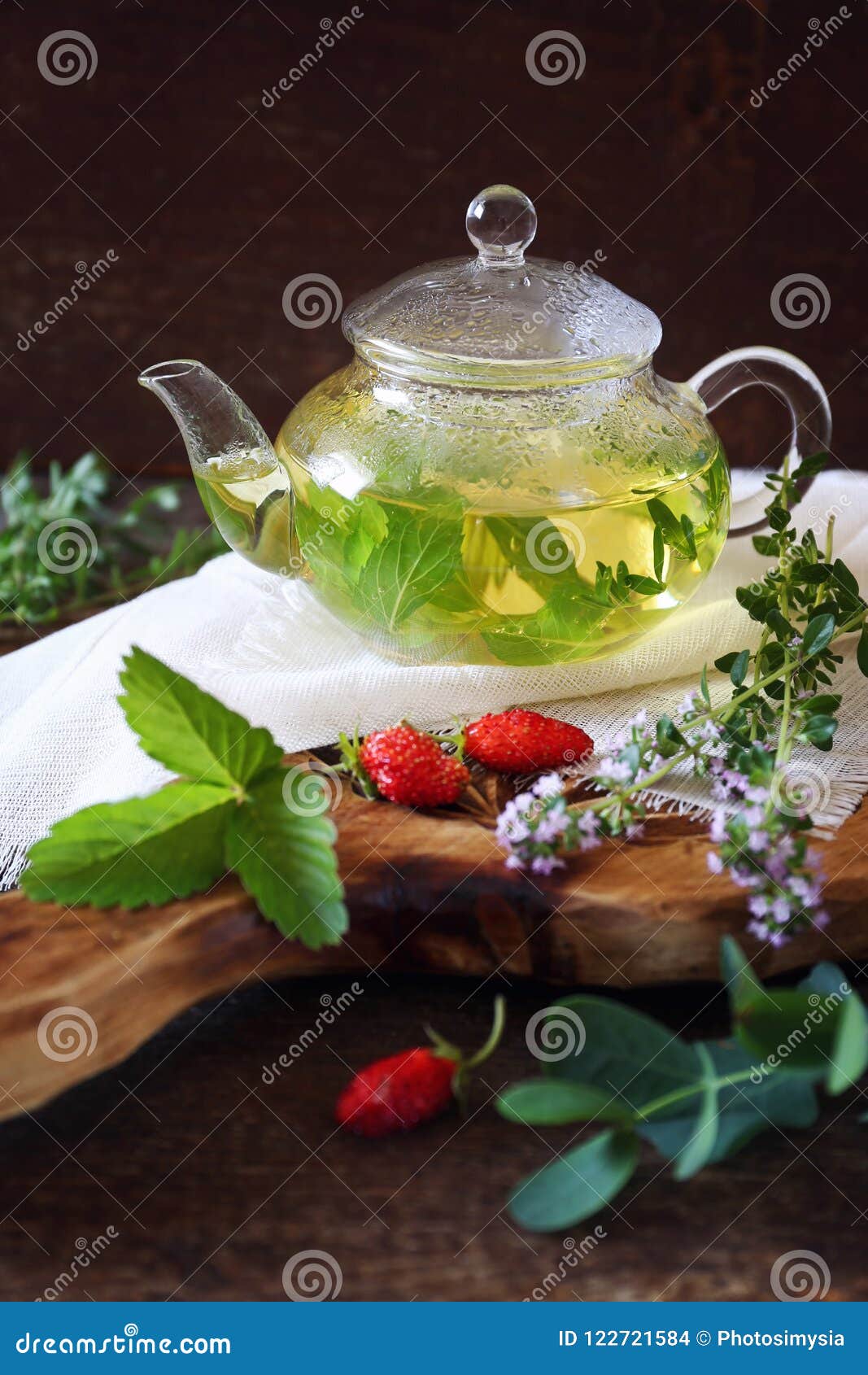 Healthy Herbal Tea with Medicinal Herbs and Strawberries Stock Photo ...