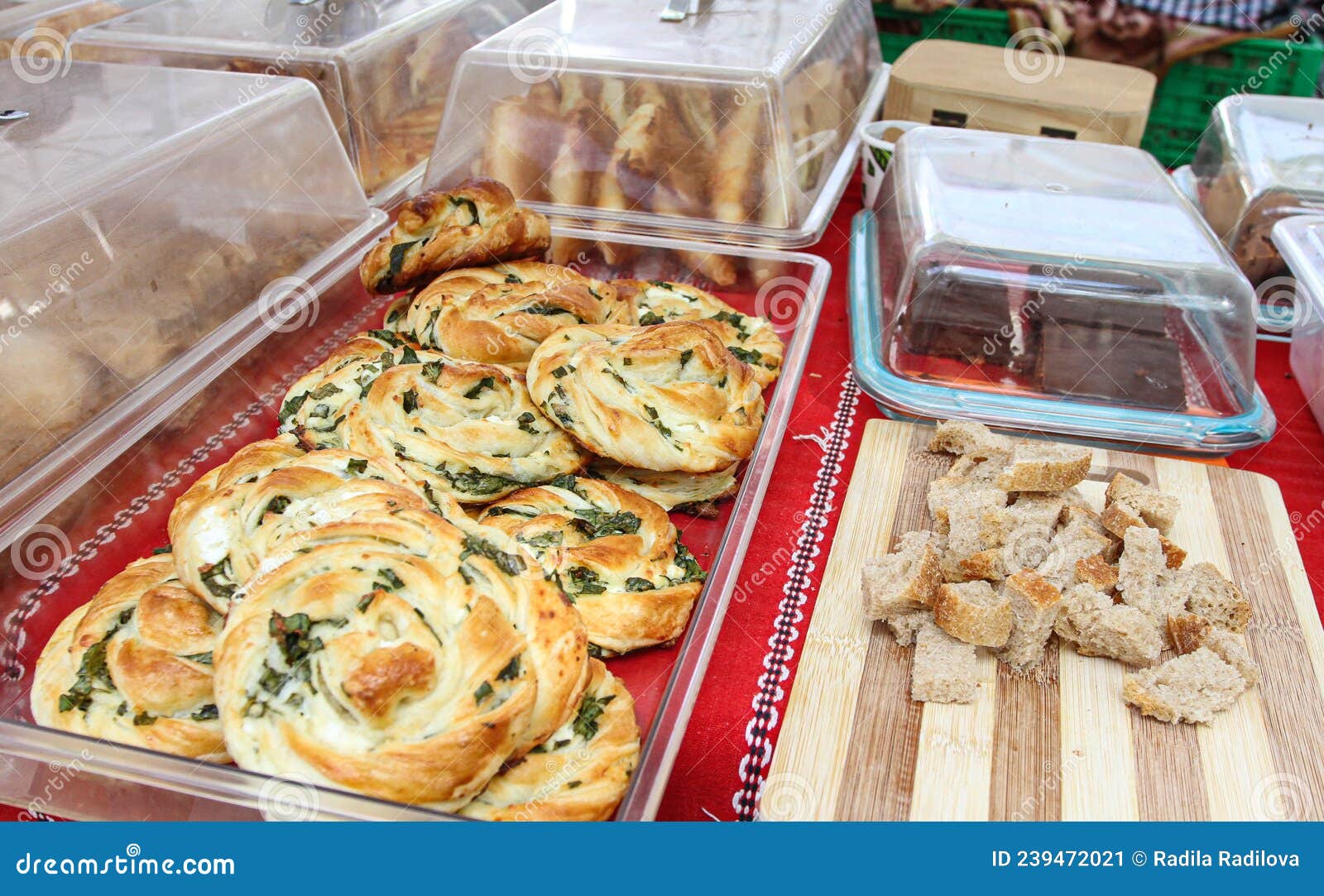 Healthy Hot Baked Snacks with Spinach and Bread Stock Image - Image of ...