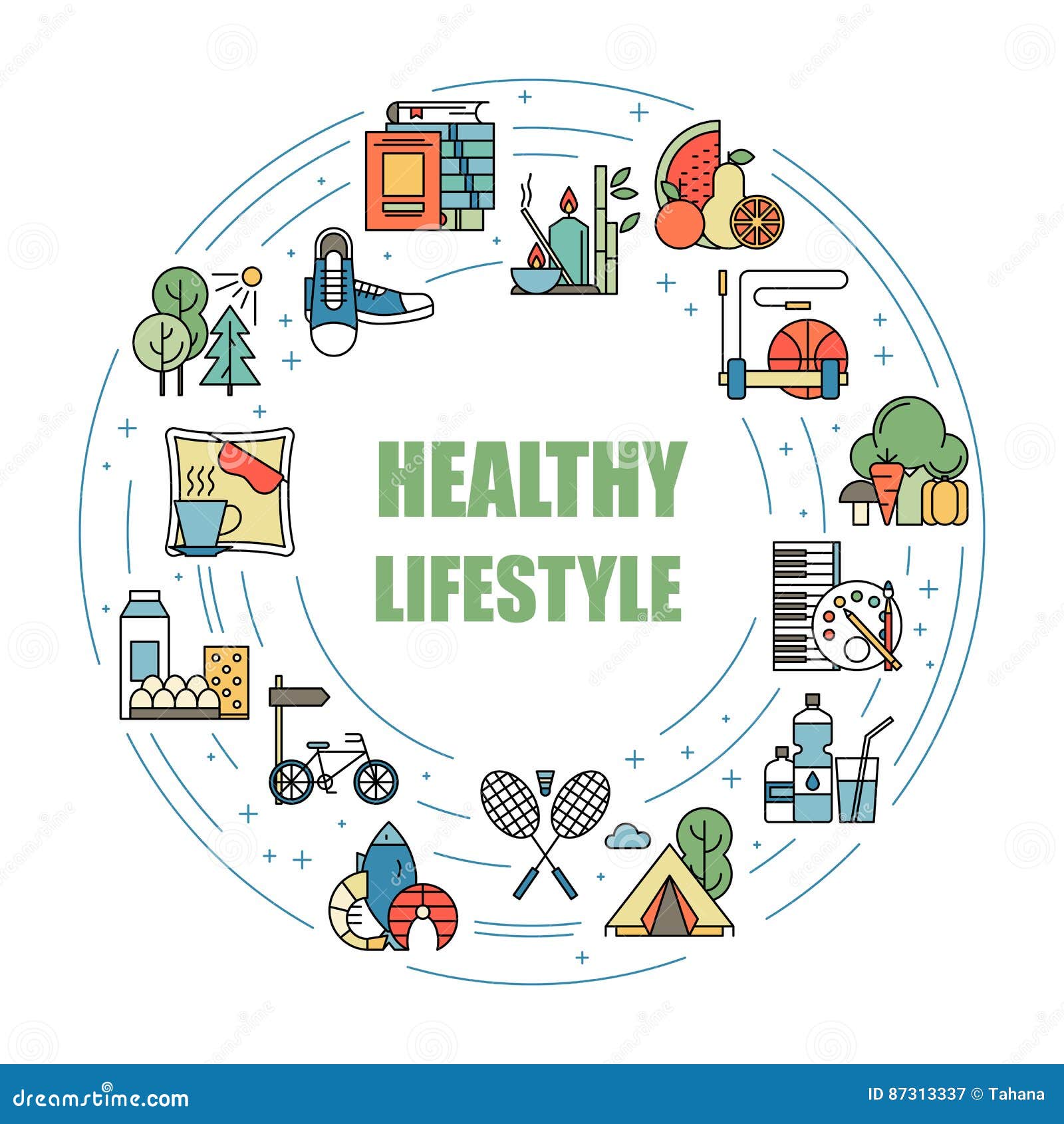 Healthy Lifestyle Habits Colorful Line Vector Icons Proper Nutrition