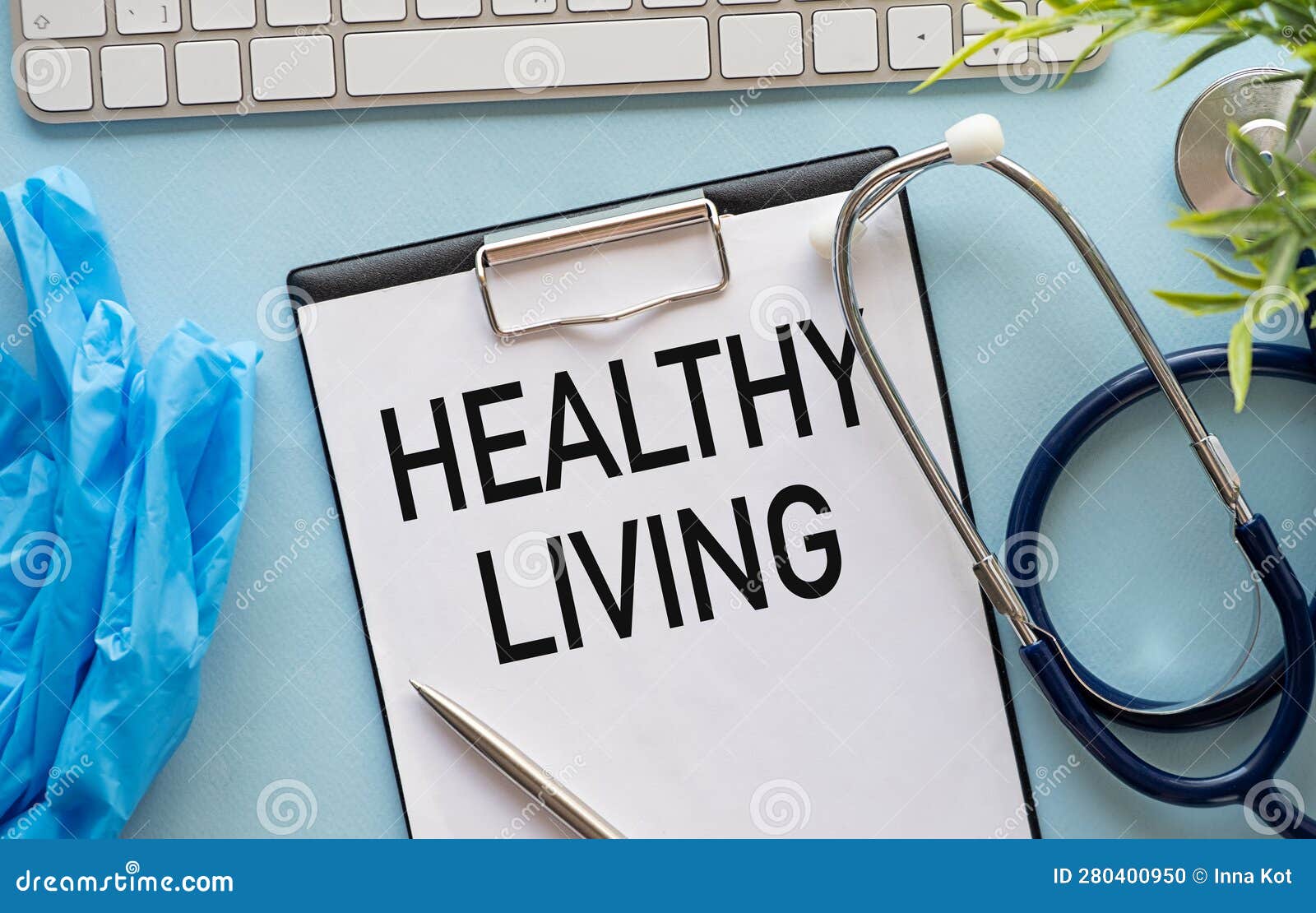 Healthy Living Text on Blue Blackboard with Stethoscope and Keyboard ...