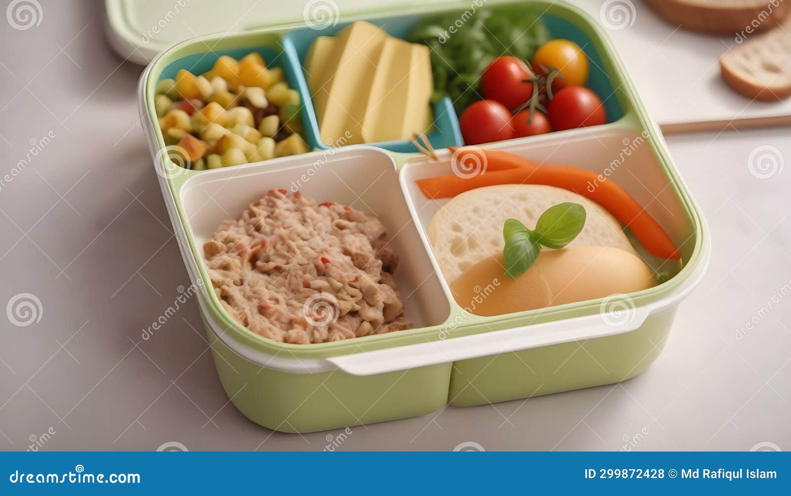 Healthy Lunch Box with Canned Tuna, Vegetables and Bread on Table ...