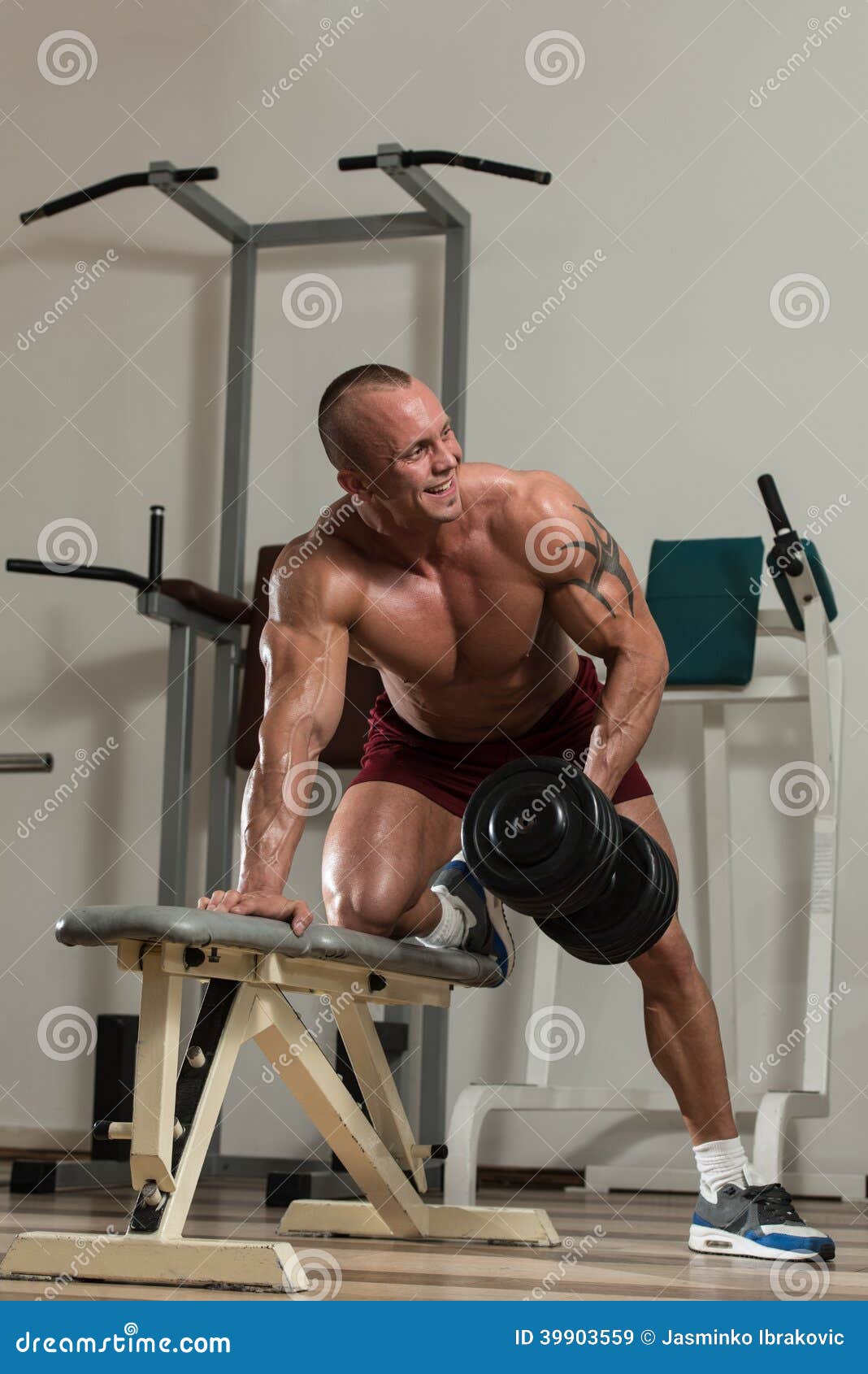 Healthy Man Doing Back Exercises with Dumbbell Stock Image - Image of ...