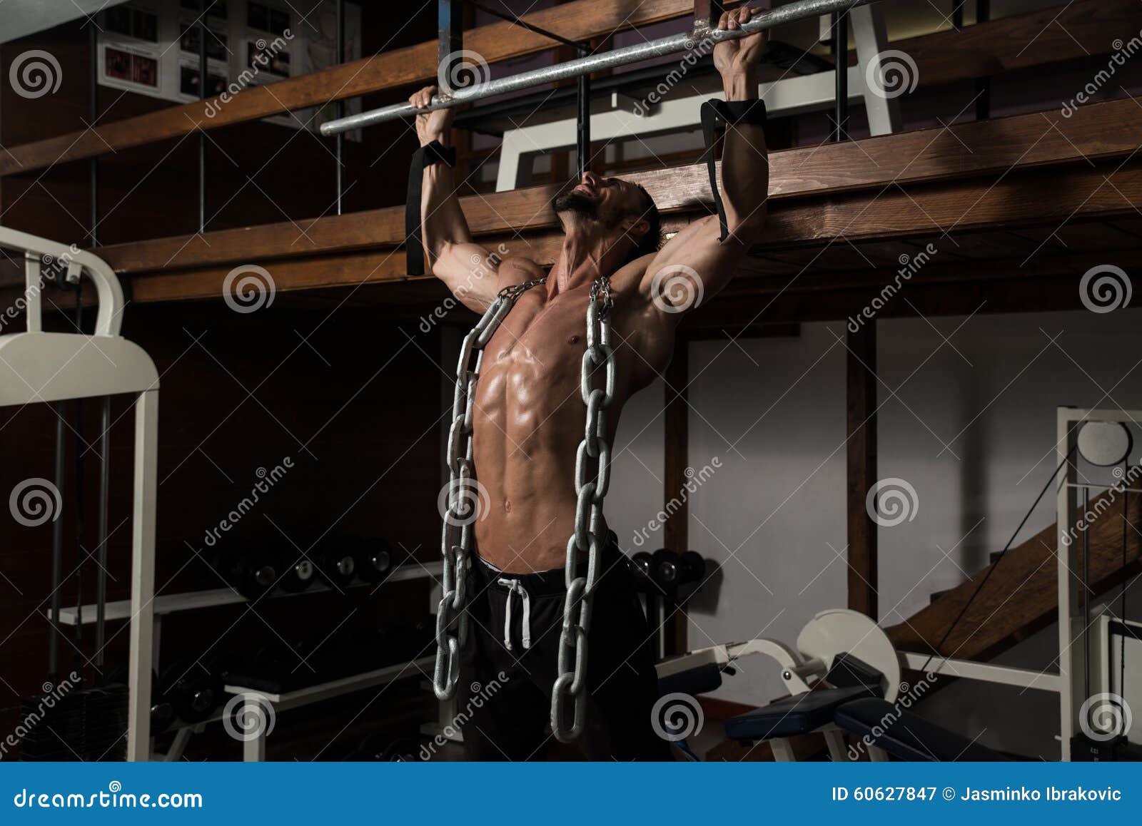 Healthy Man Doing Exercise for Back with Chain Stock Image - Image of ...