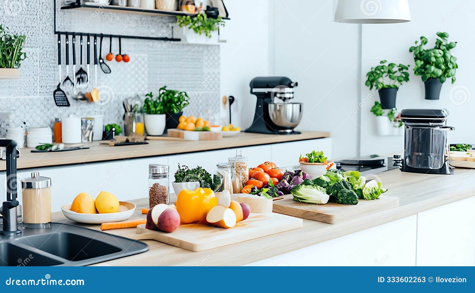 A Healthy Meal Prep Scene in a Modern Kitchen Stock Illustration ...