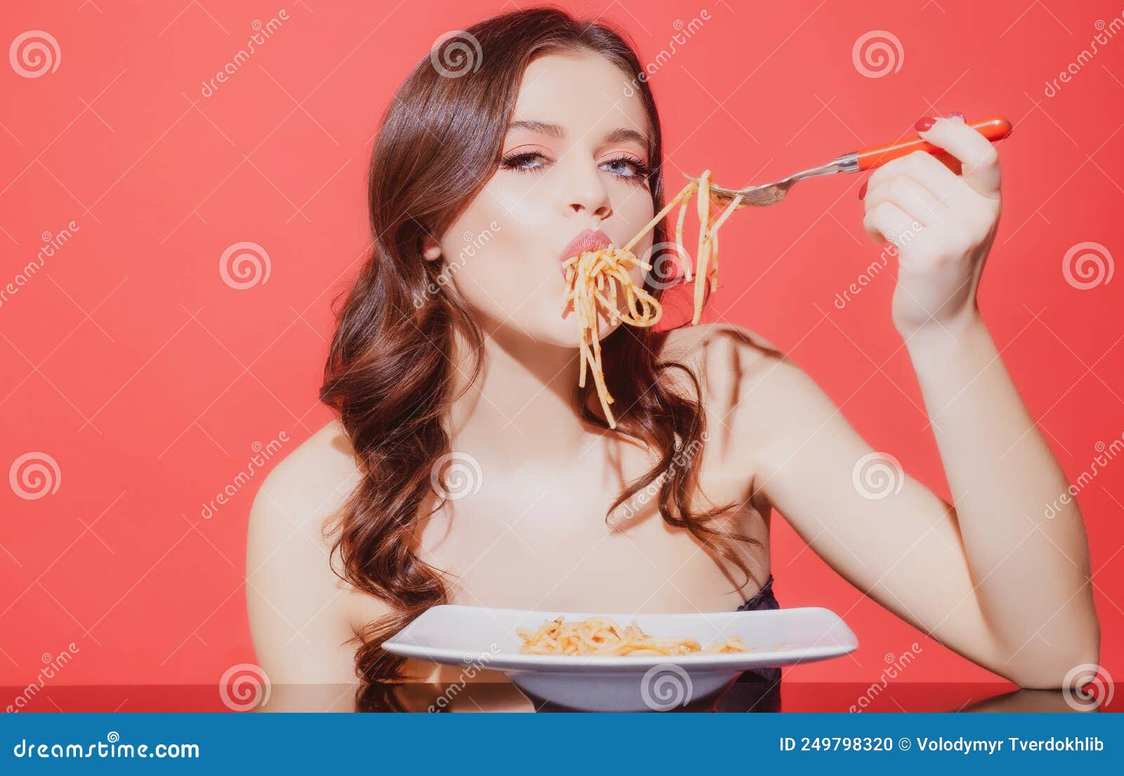Healthy Menu Woman Eat Tasty Pasta Food From Italia Spaghetti