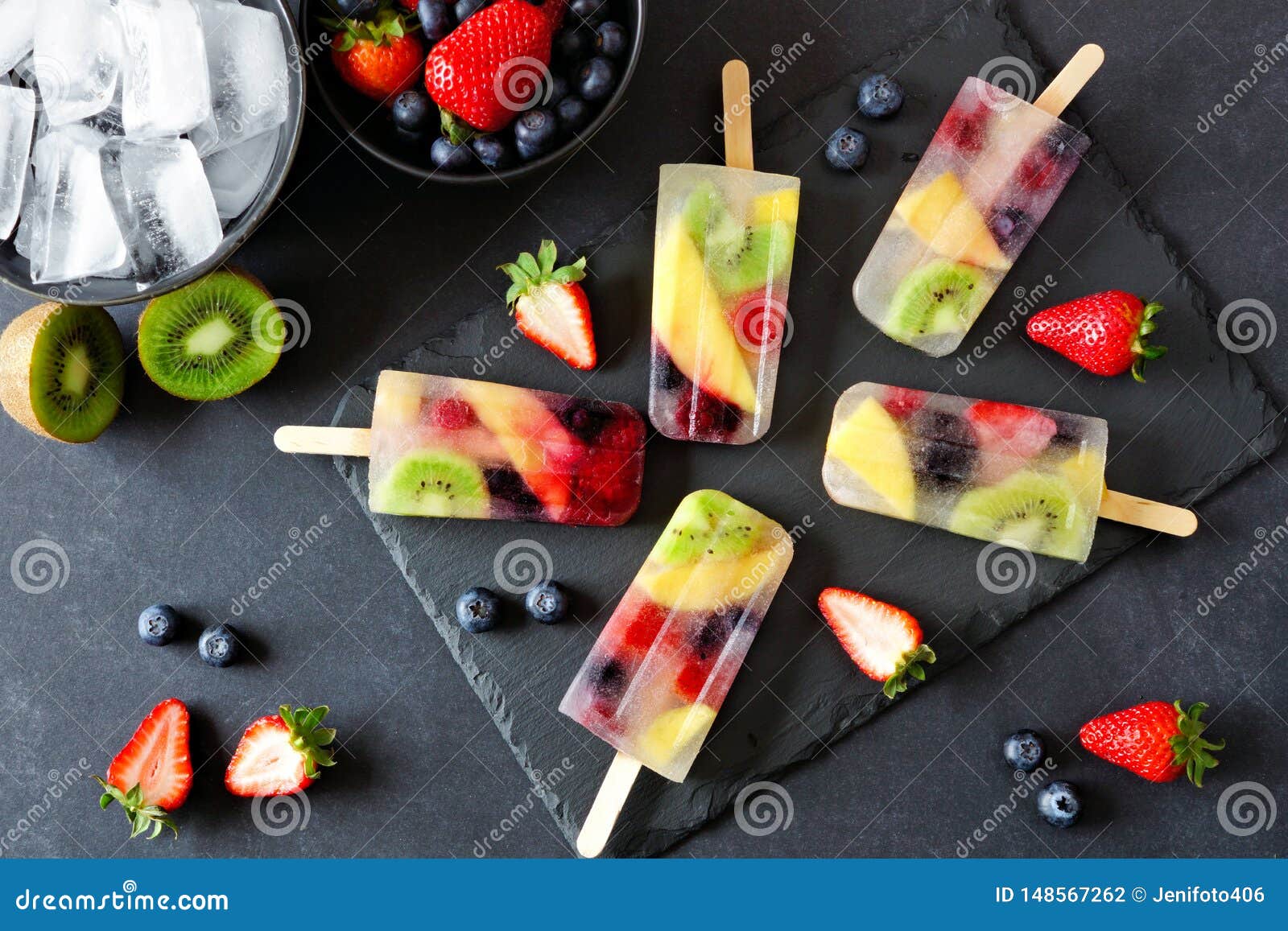 Healthy Fruit Summer Popsicles, Top View Scene on a Dark Background ...
