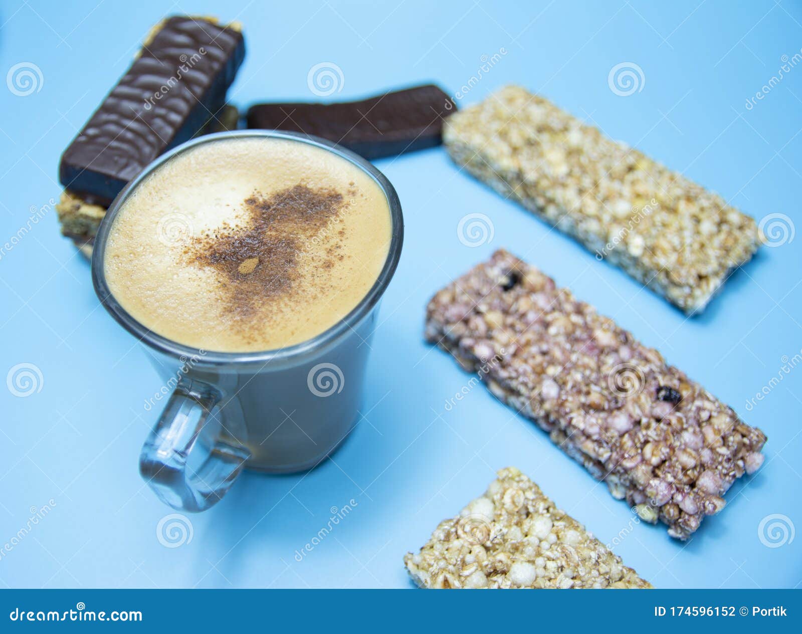 Healthy Nutrition Protein Bars on Blue Background Stock Photo - Image ...
