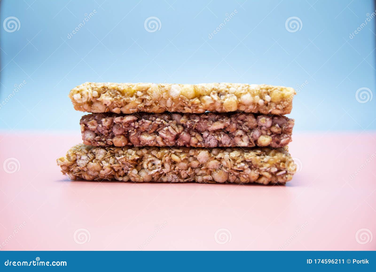 Healthy Nutrition Protein Bars on Blue and Pink Background Stock Image ...