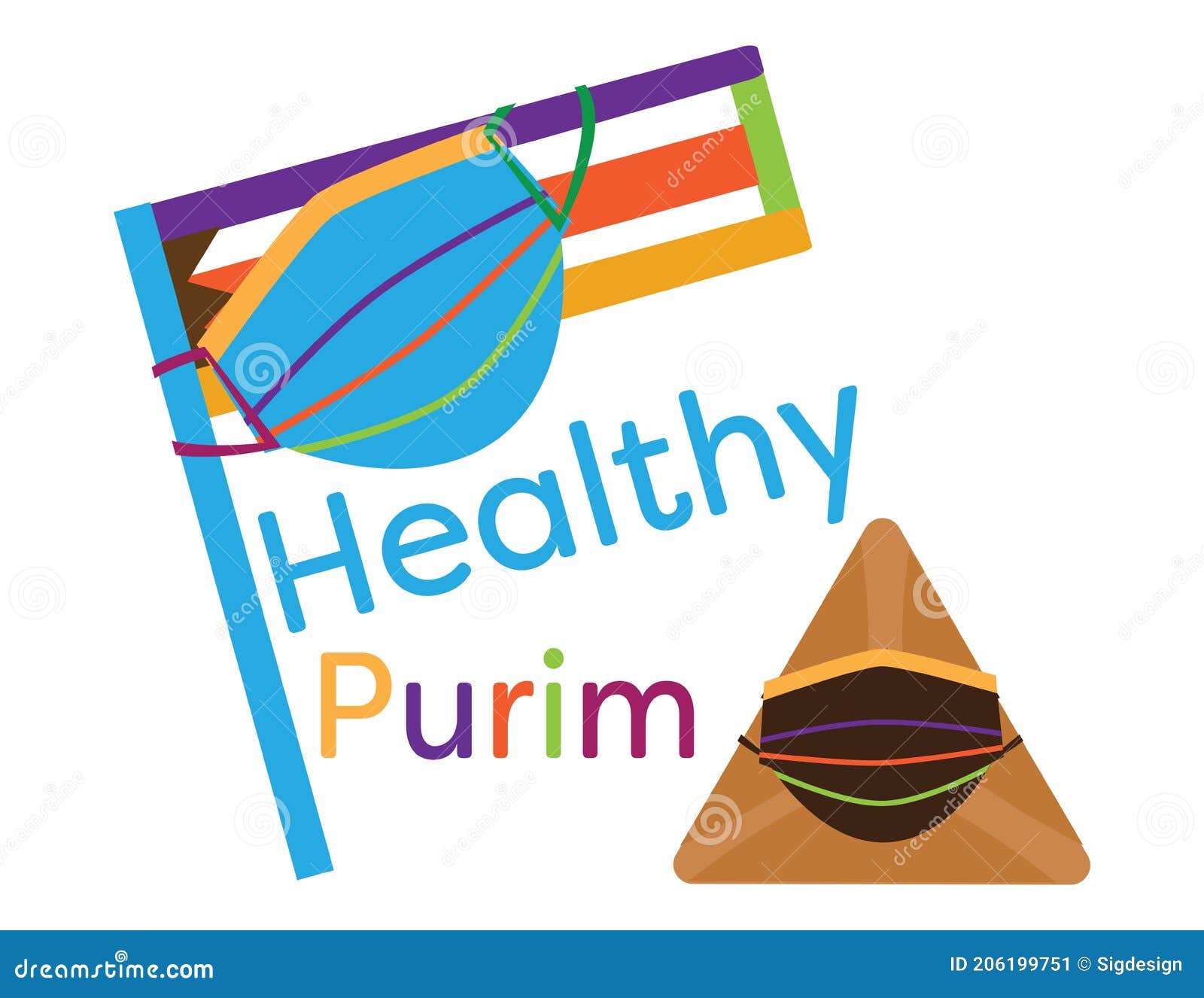 Colorful Healthy Purim Greeting with Grogger Wearing Colorful Face Mask ...