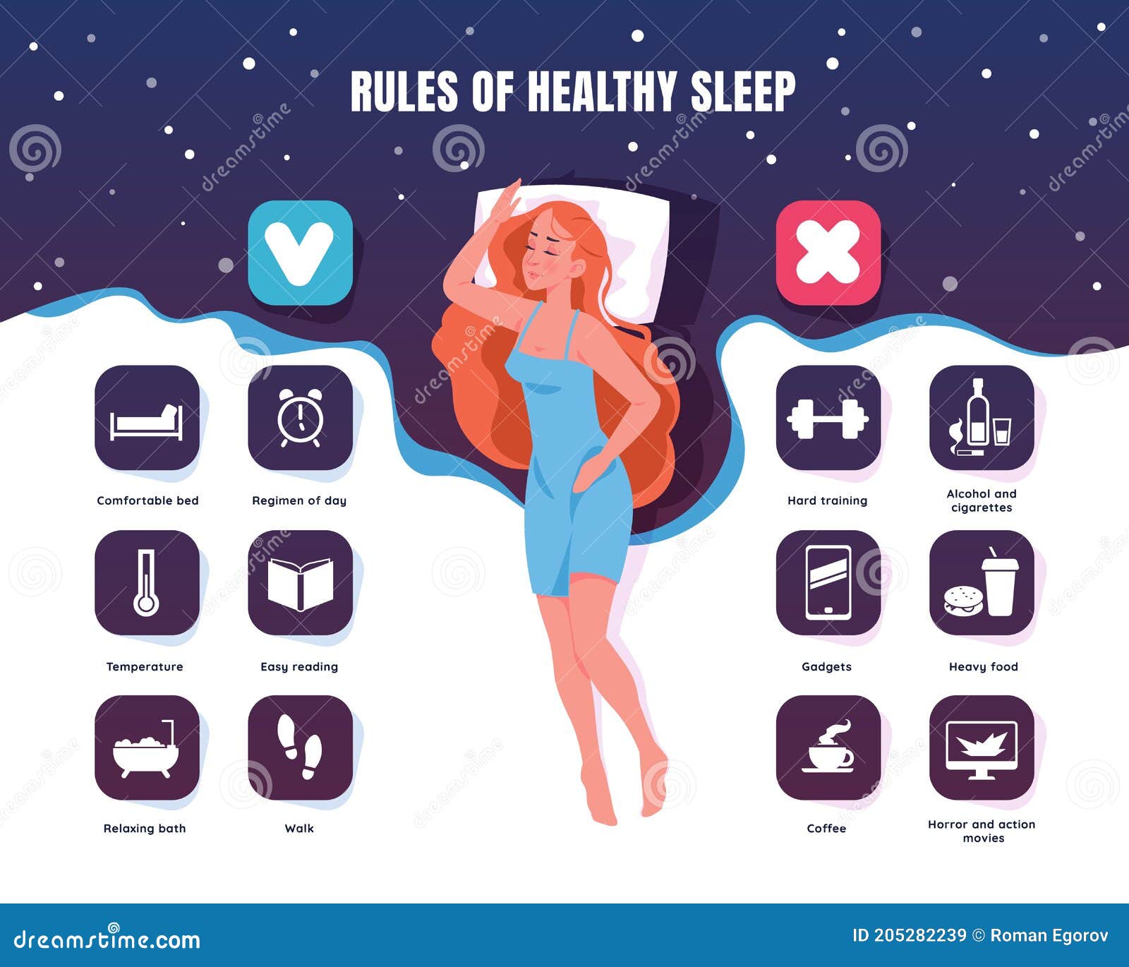 Healthy Sleep Cartoon Sleeping Woman Rest In Bed Bedtime Rules For