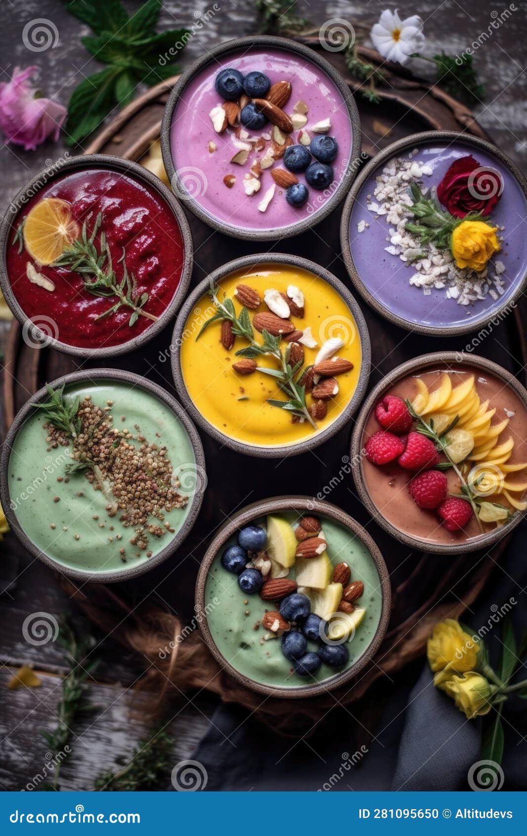 Healthy Smoothie Bowls with Assorted Toppings Stock Illustration ...