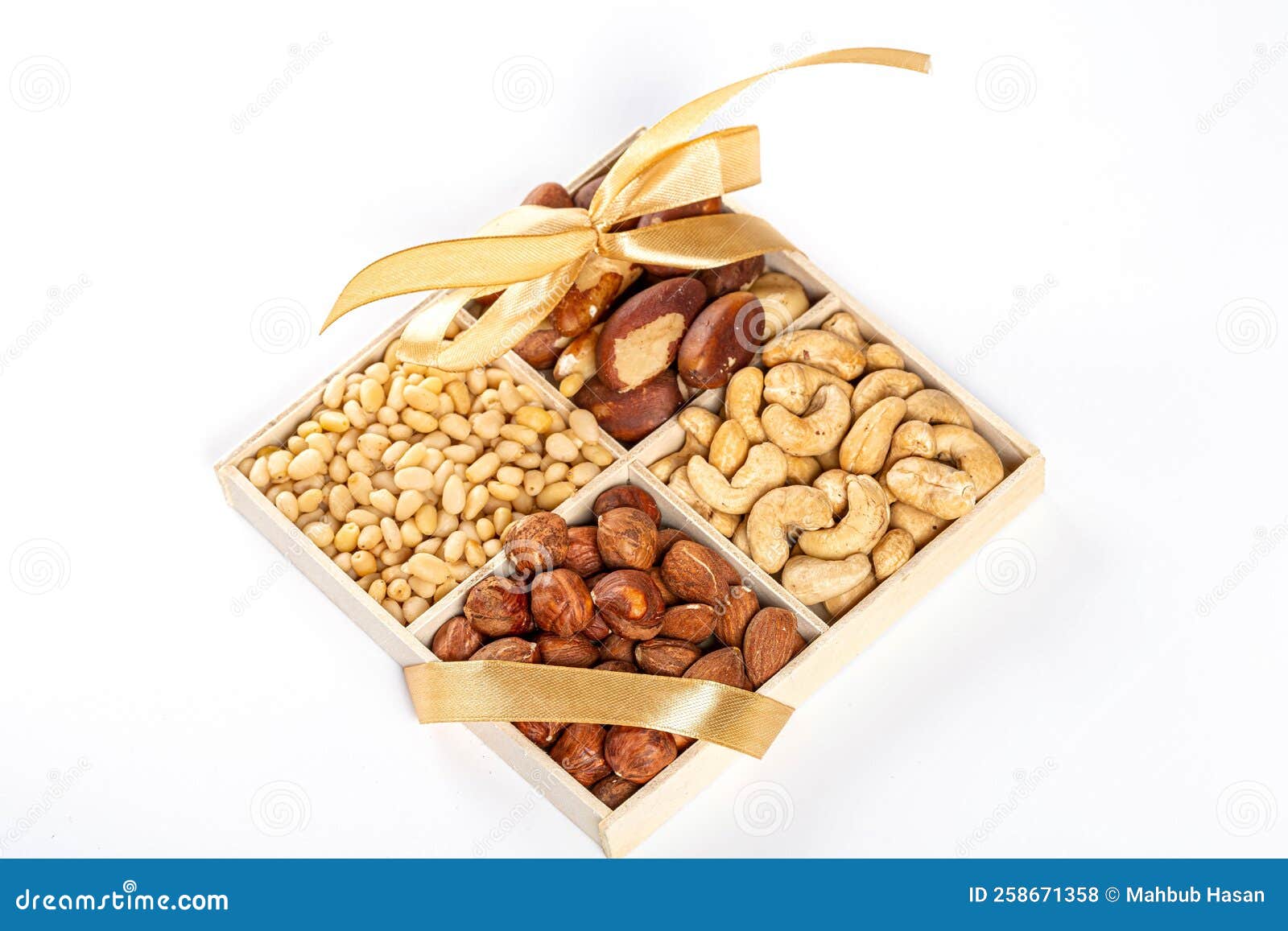Healthy Snack Concept, Set of Nuts in a Box with Ribbon and Bow Stock ...