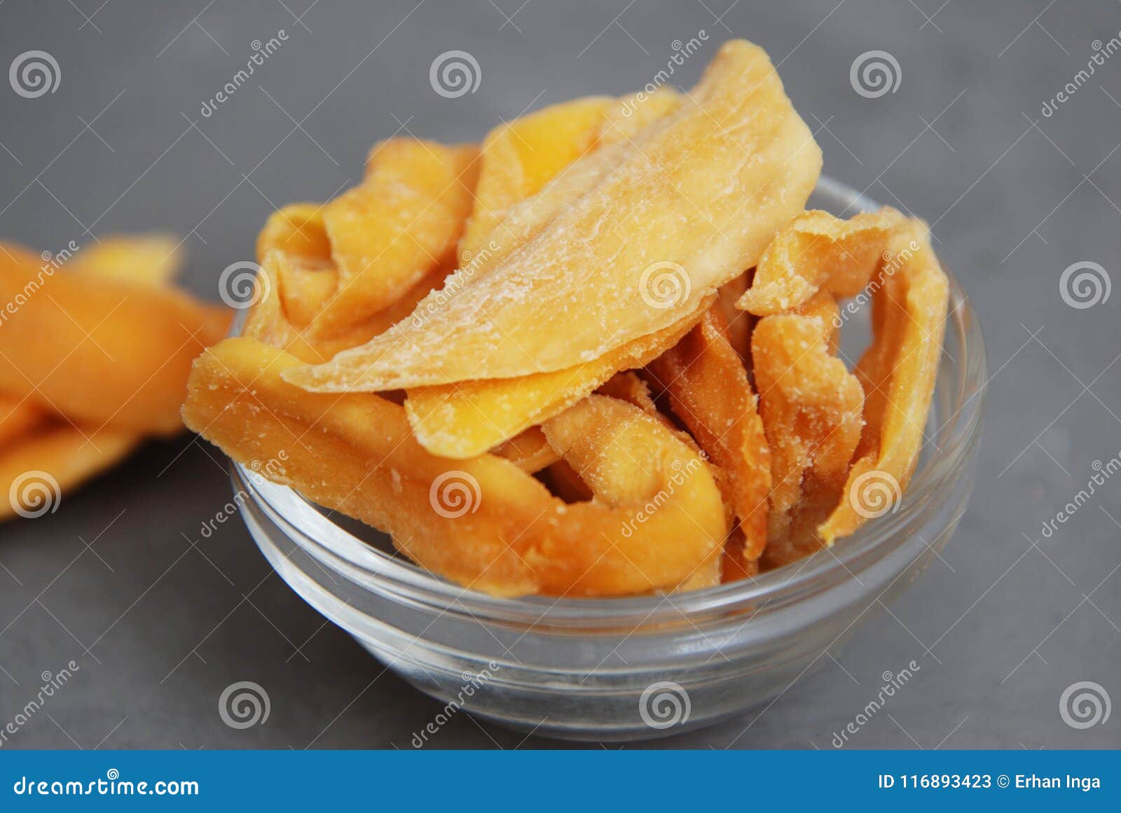 Healthy Snack. Dried Mango Chips in Glass Bowl. Gray Background with ...