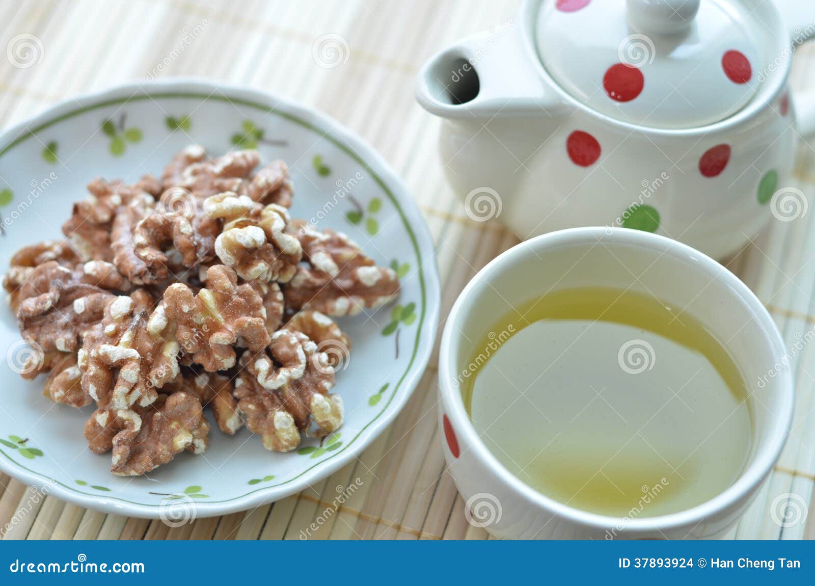 Healthy Snacks (Walnut and Green Tea) Stock Photo - Image of brew ...