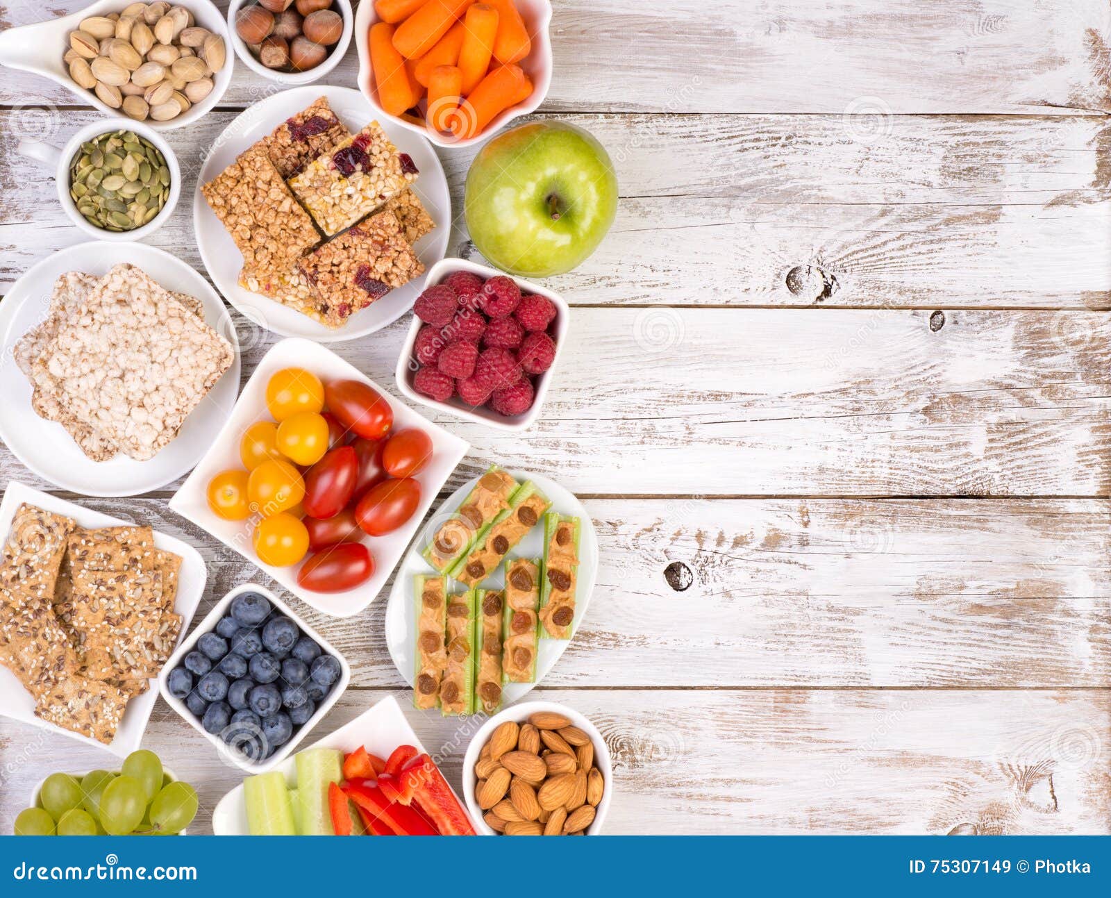 Healthy Snacks on Wooden Table with Copy Space Stock Image - Image of ...