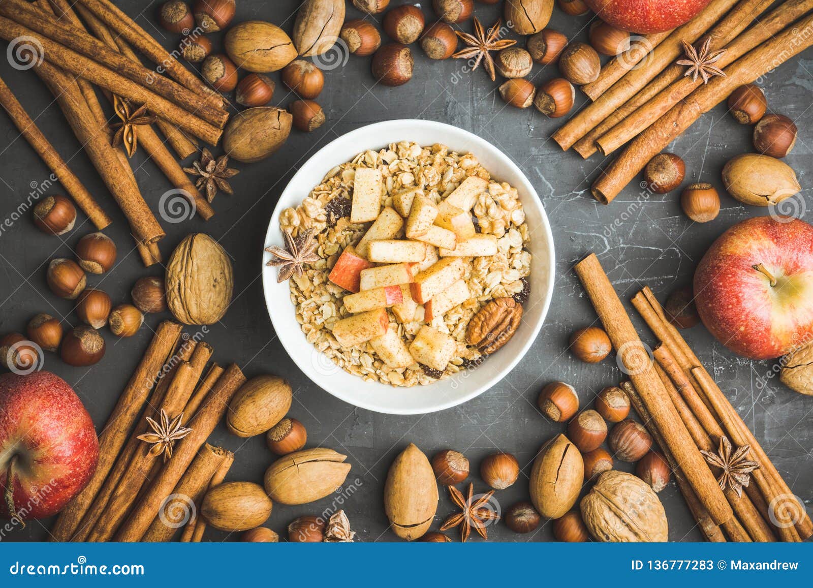 Healthy and Tasty Breakfast with Muesli, Apples, Nuts and Cinnamon ...