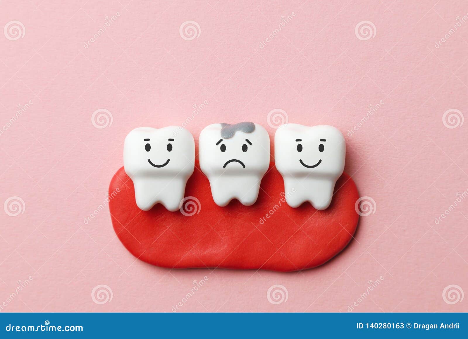 Healthy White Teeth are Smiling and Tooth with Caries is Sad on Pink ...