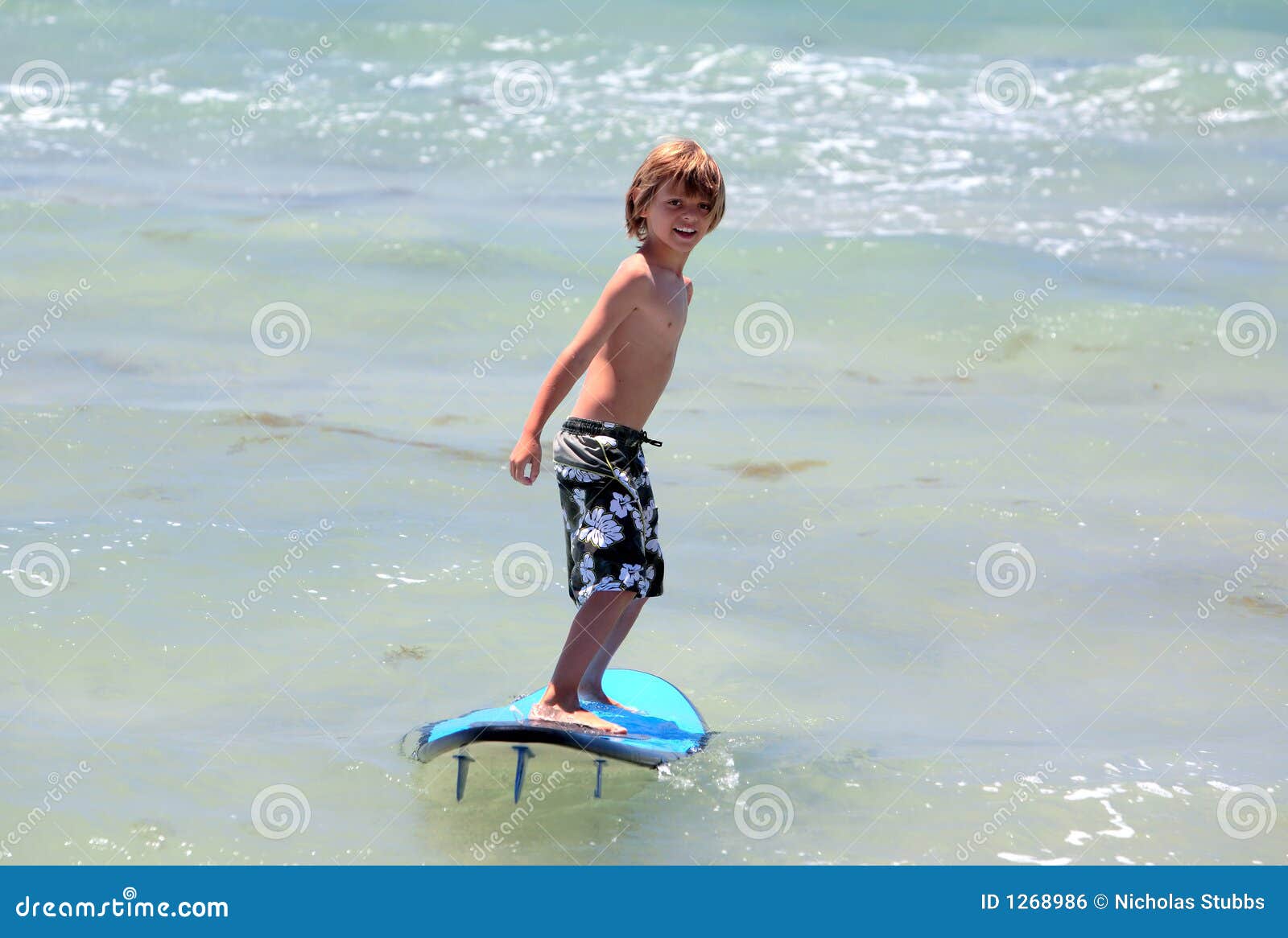 Healthy Young Boy Learning To Surf Stock Photo - Image of ocean, waves ...
