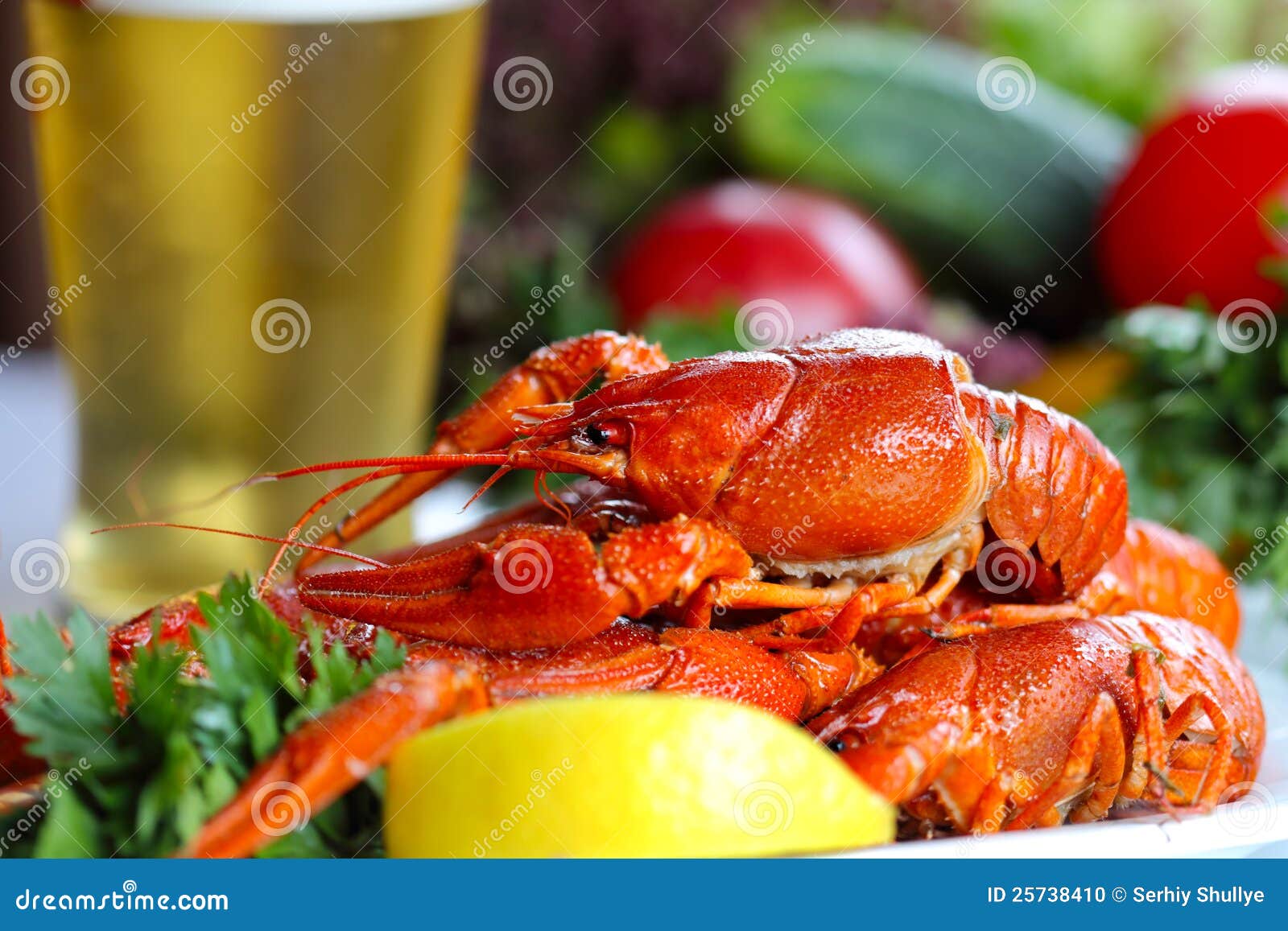 Heap of Boiled Crafish, Glass of Beer and Garnish Stock Photo - Image ...