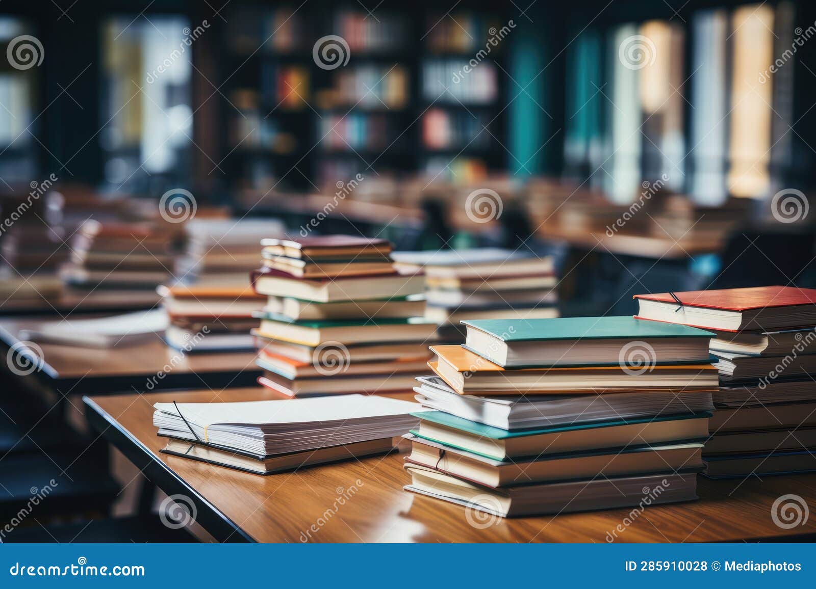 Heap of Books on Table in Library Stock Illustration - Illustration of ...
