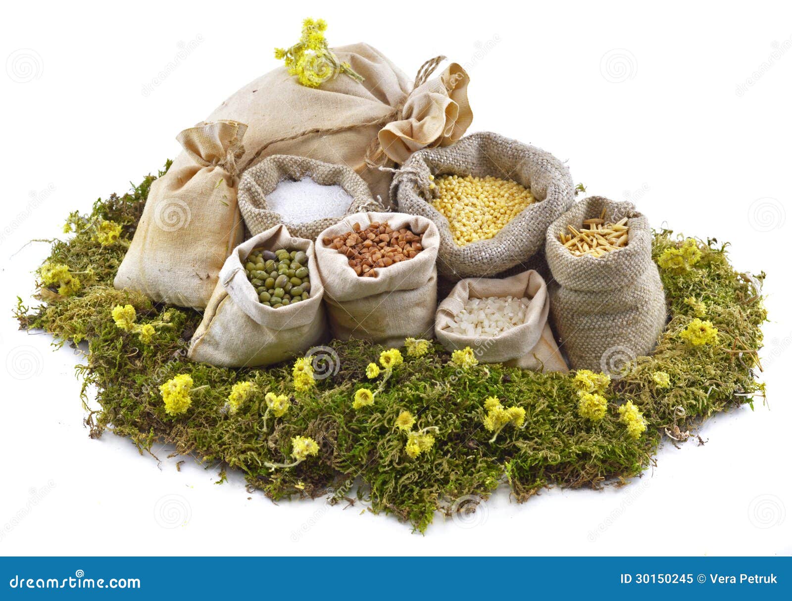 Bags on moss with flowers stock image. Image of meal - 30150245