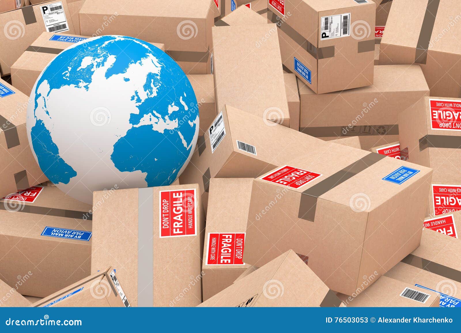 Heap of Cardboard Parcel Packages with Earth Globe. 3d Rendering Stock ...